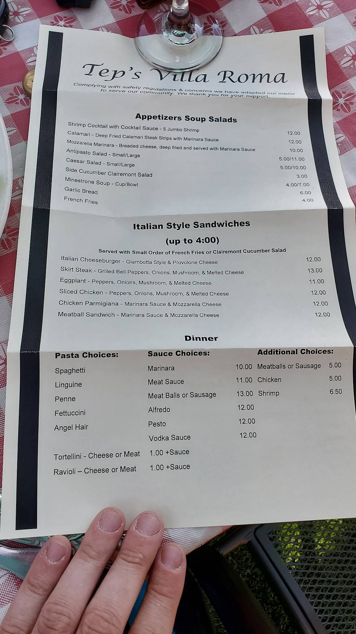 Menu at Tep's Villa Roma Italian Restaurant, South Lake Tahoe