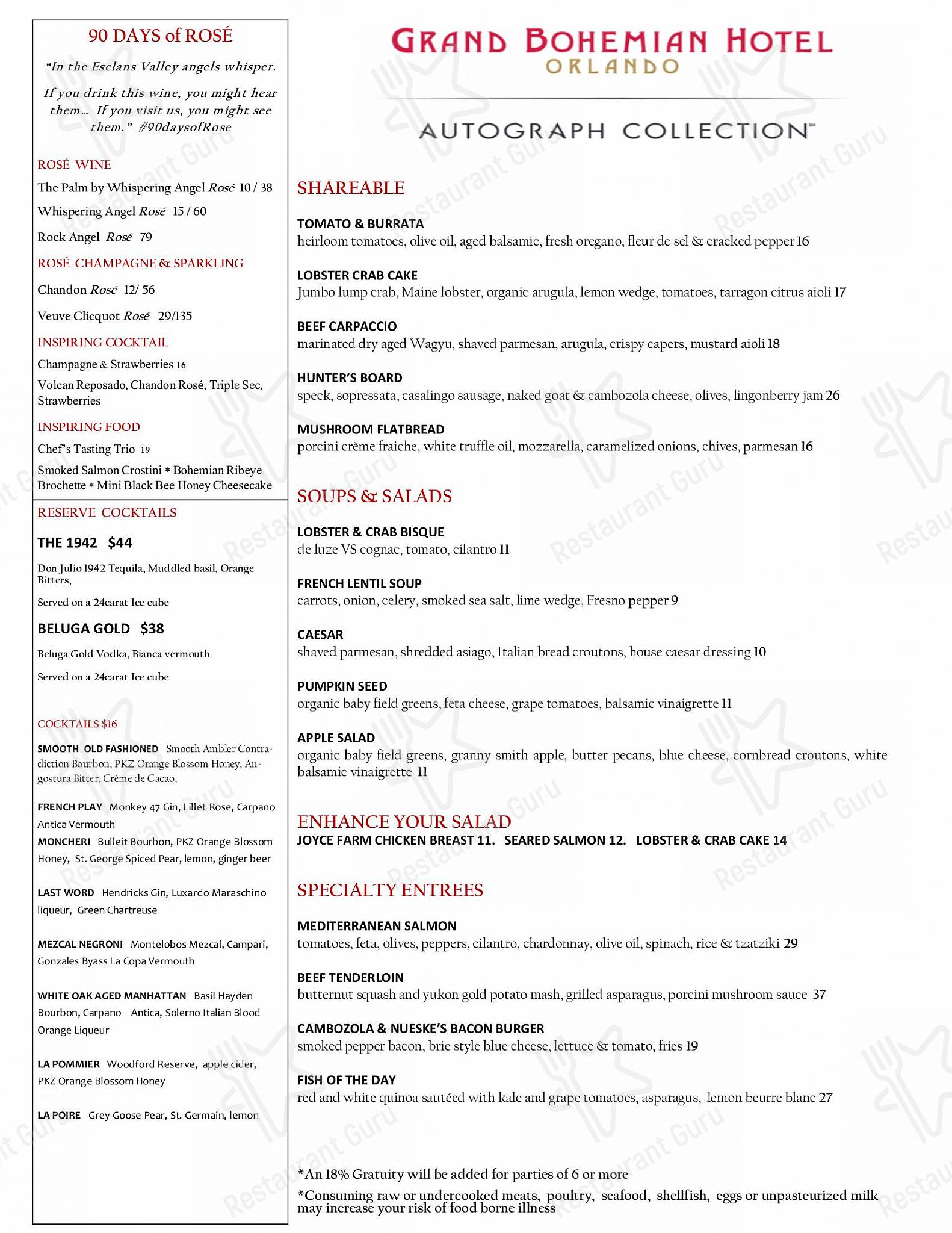 Menu at The Boheme pub & bar, Orlando, Grand Bohemian Hotel Orlando