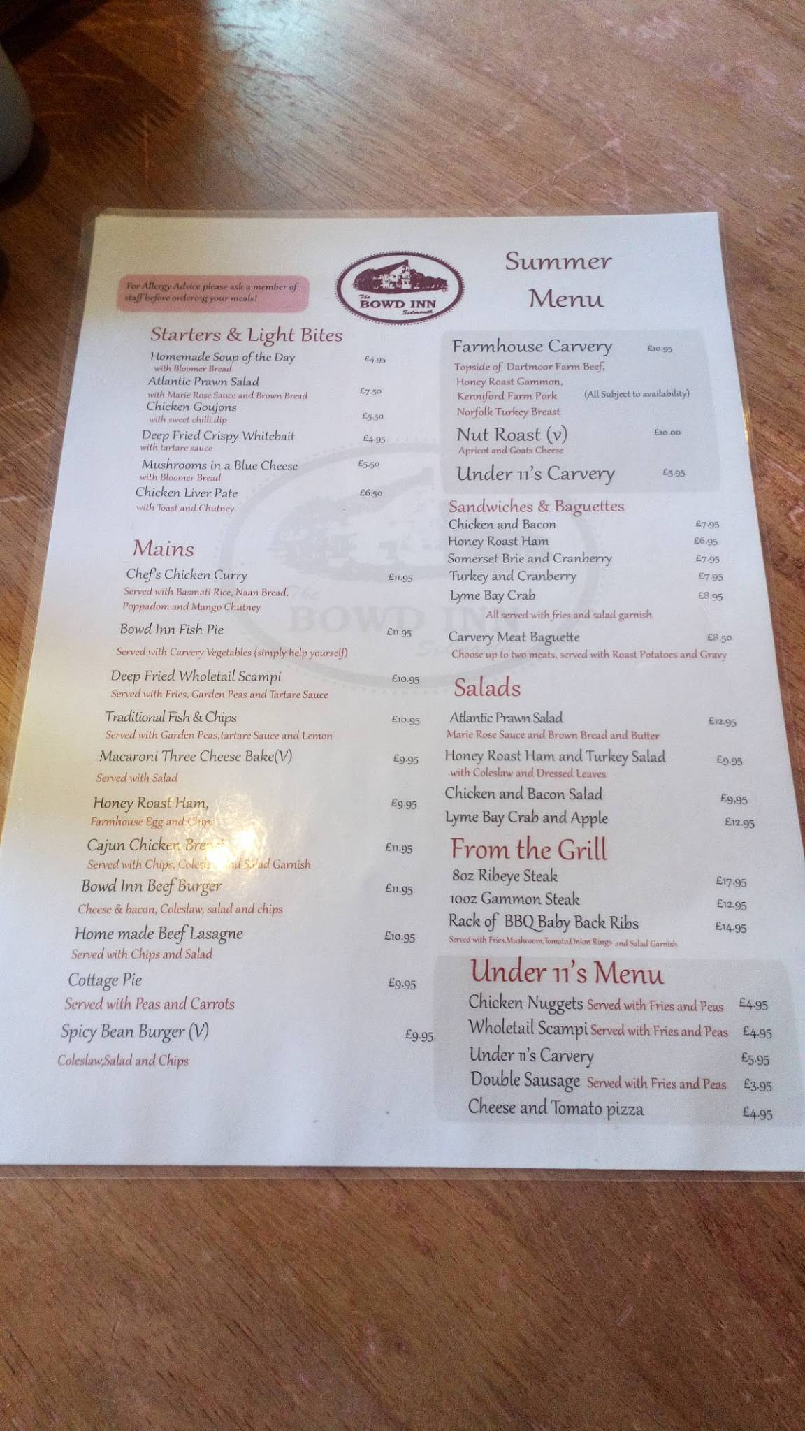 Menu at The Bowd Inn pub & bar, Sidmouth, A3052