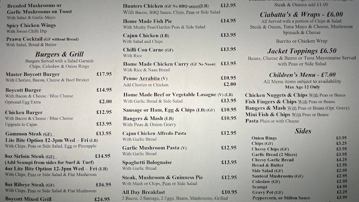 Menu at The Boycott Arms pub & bar, Claverley