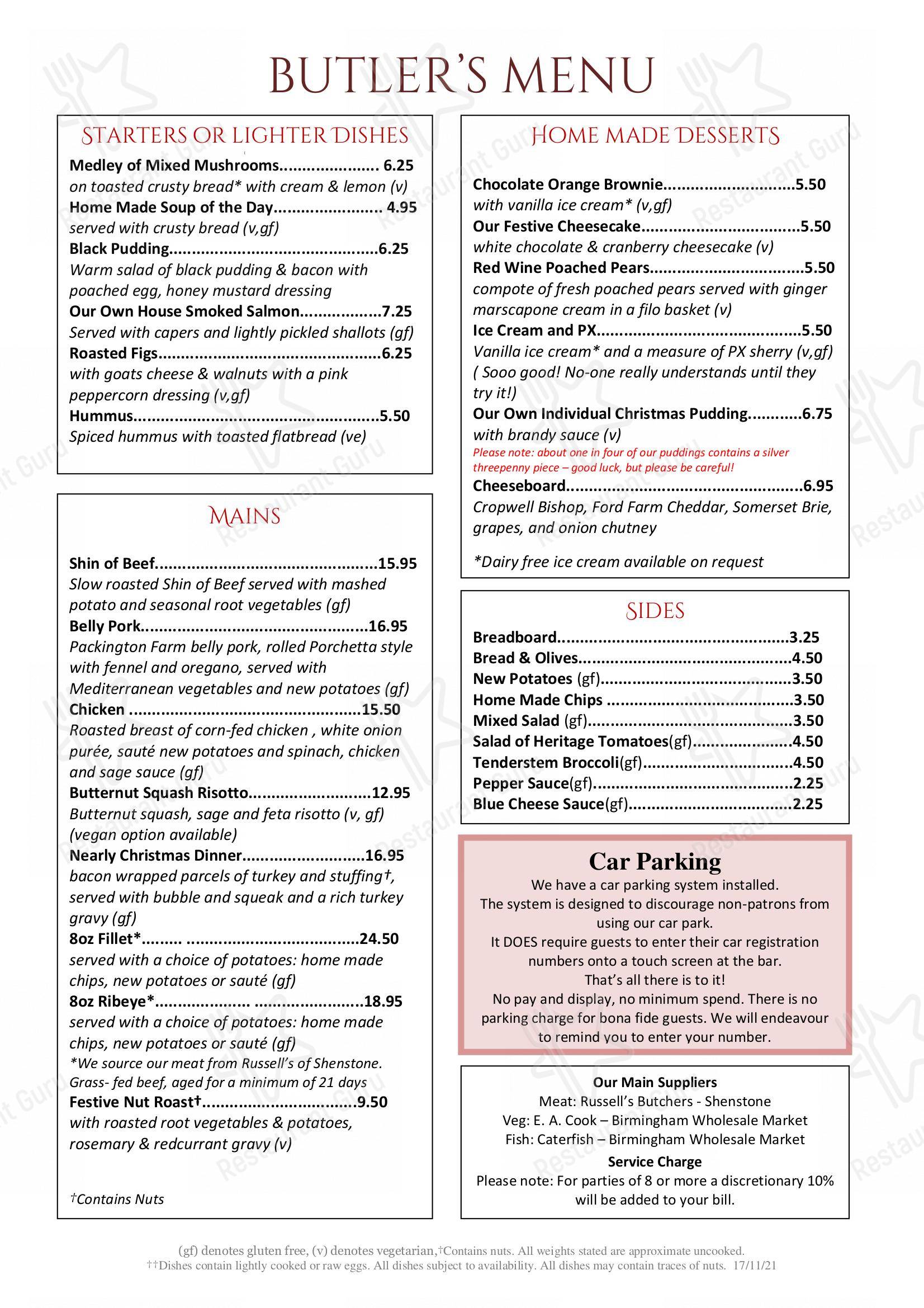 Menu at The Butlers Arms pub & bar, Sutton Coldfield