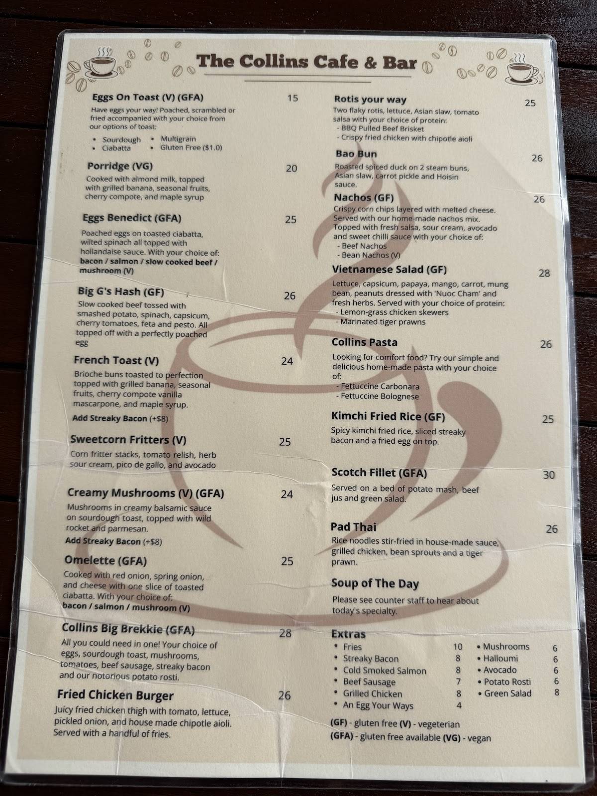 Menu at The Collins Cafe And Bar, Auckland