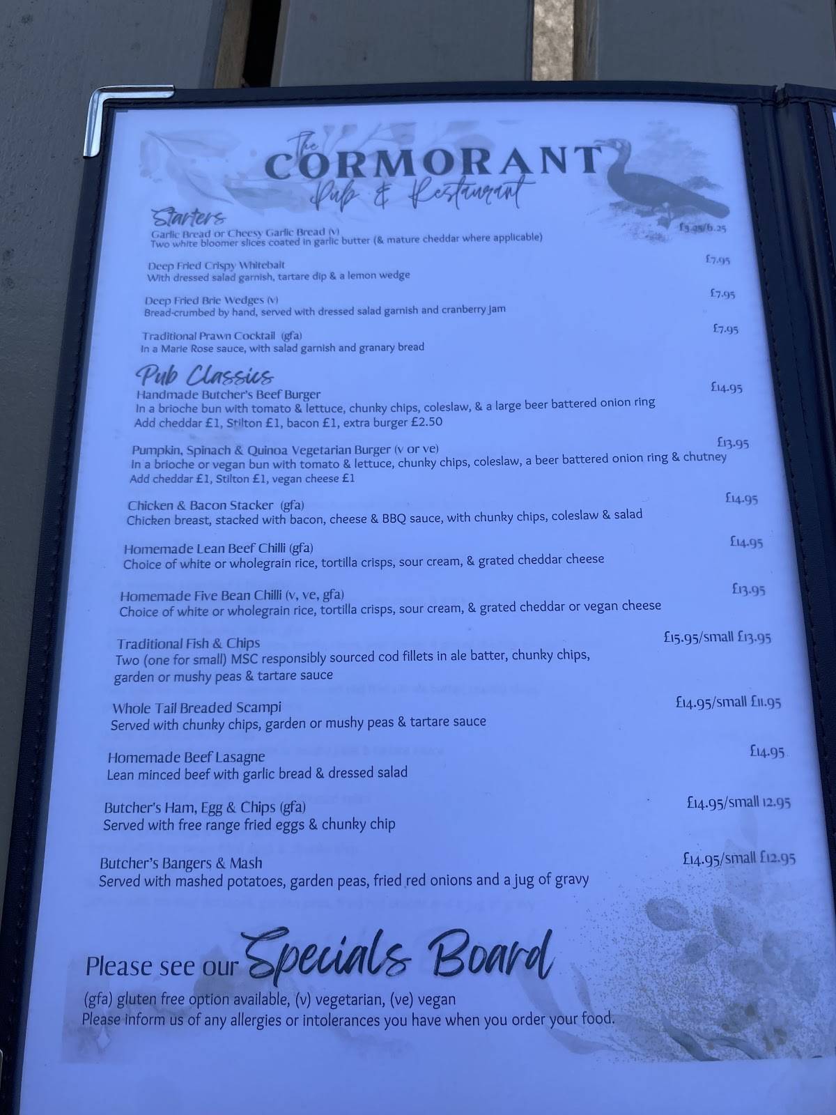 Menu at The Cormorant Pub & Restaurant, Portchester