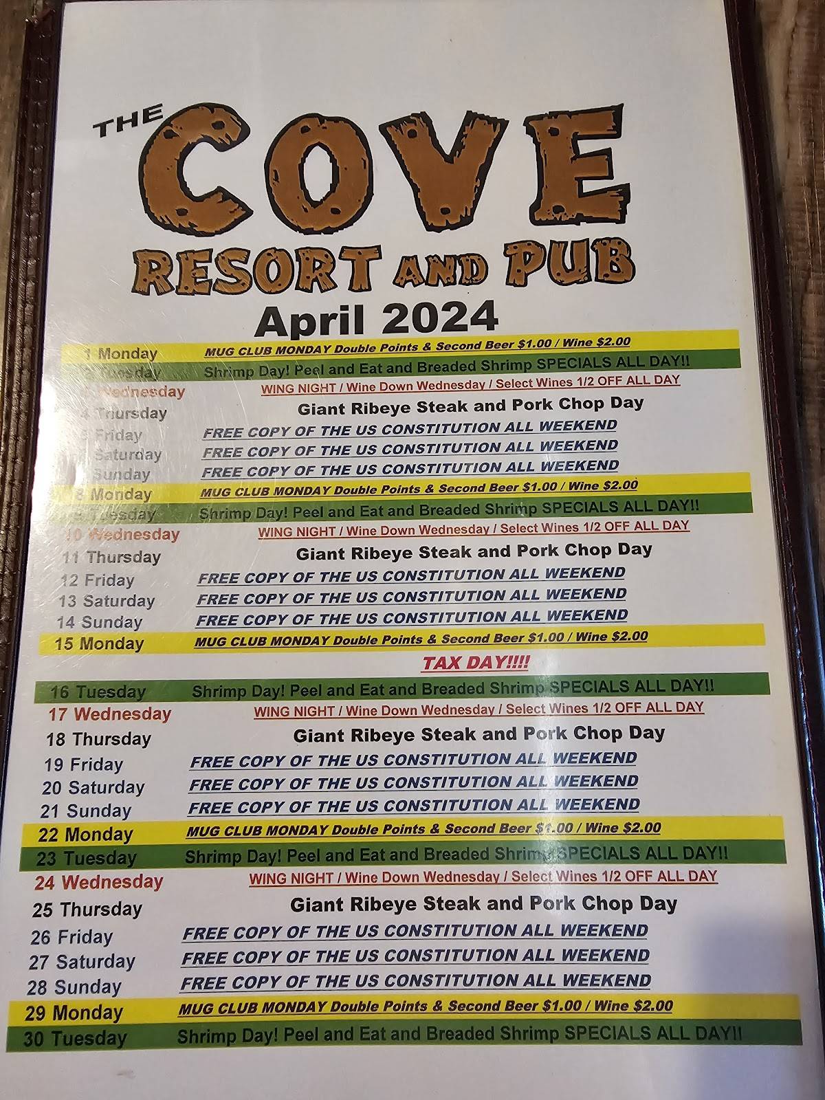 Menu at The Cove Resort and Pub, Inverness, S Cove Camp Point