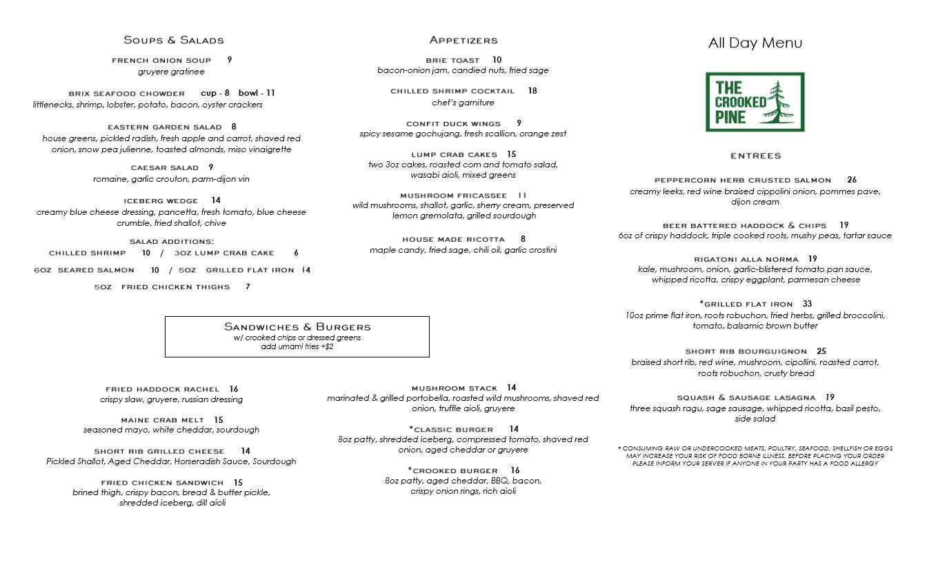 Menu at The Crooked Pine pub & bar, Ogunquit