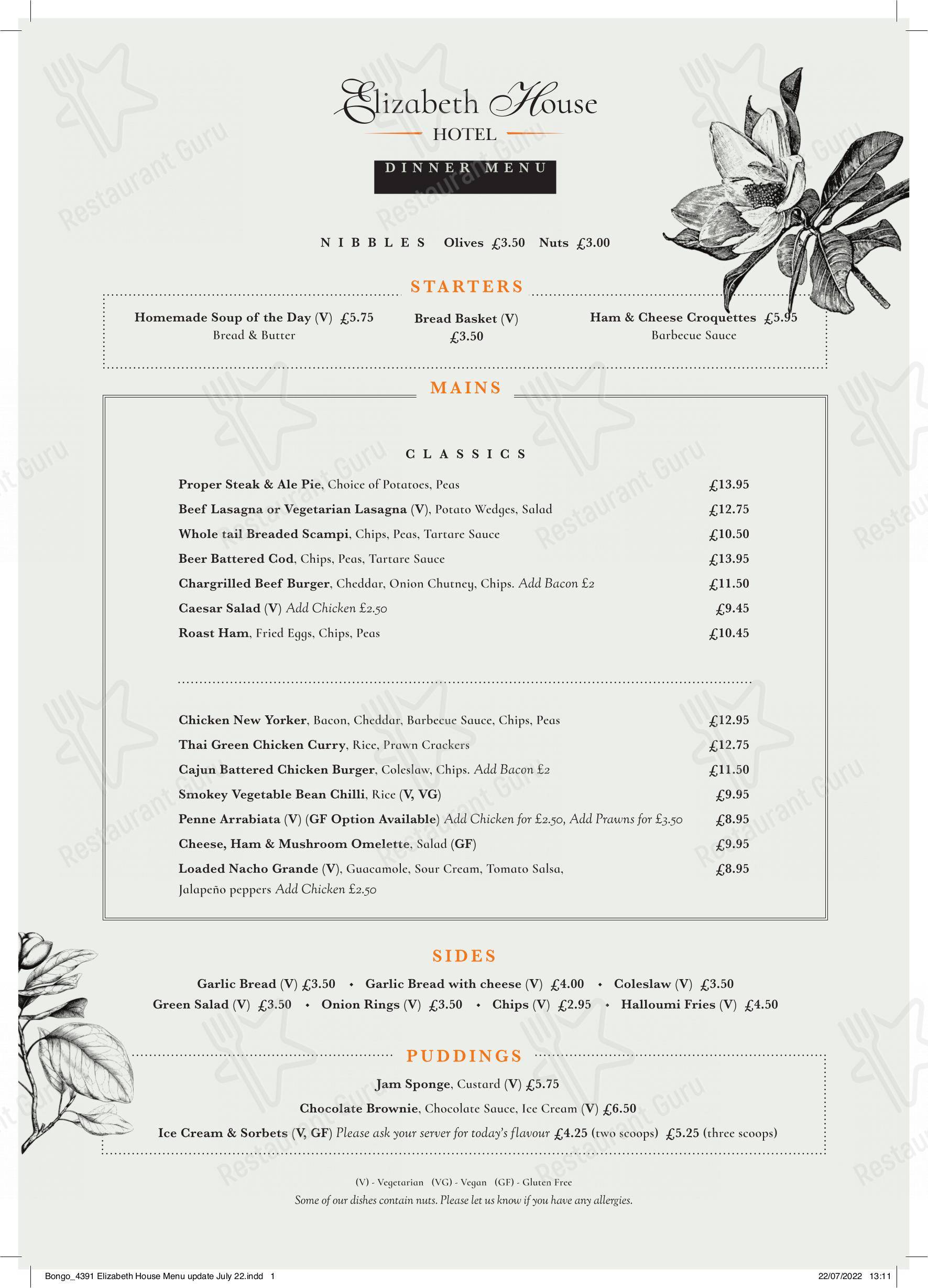 Menu at The Elizabeth House Hotel restaurant, Southampton