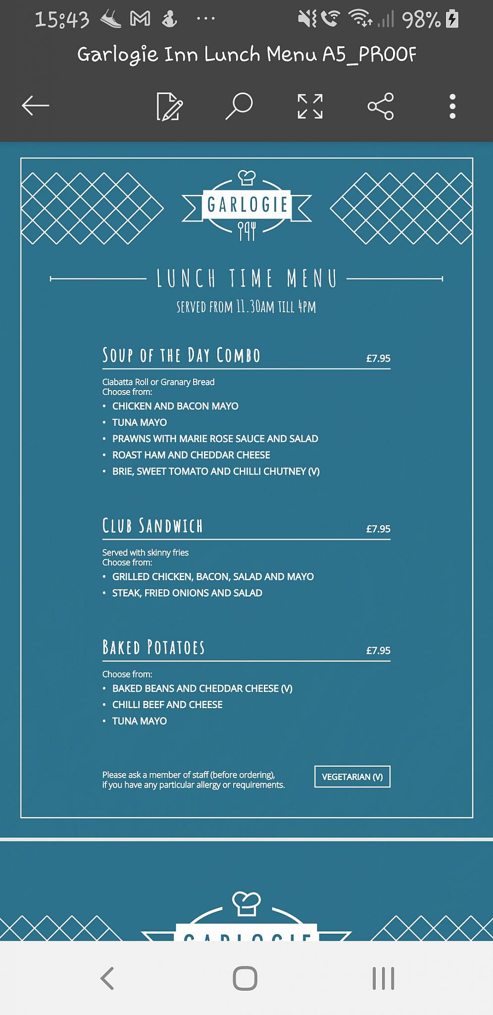 Menu at The Garlogie Inn pub & bar, Garlogie