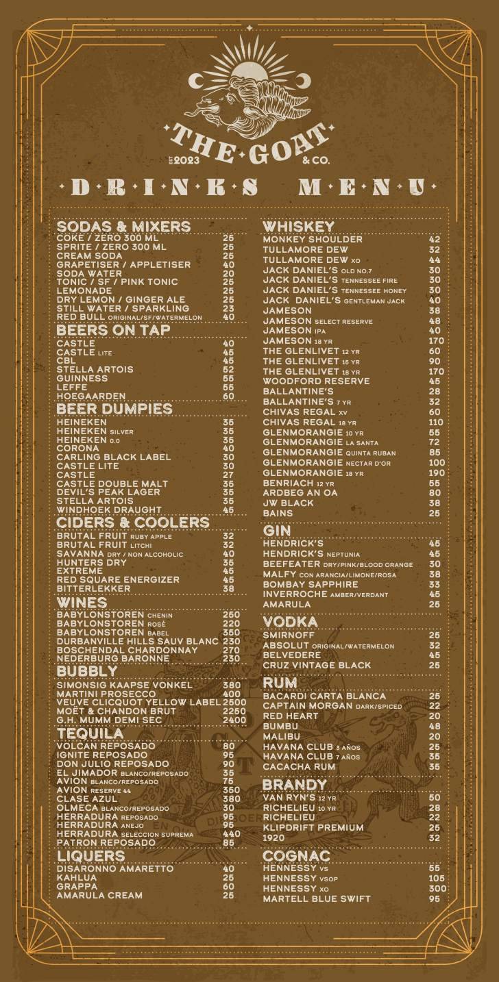 Menu at The Goat & Co. Hazelwood pub & bar, Pretoria