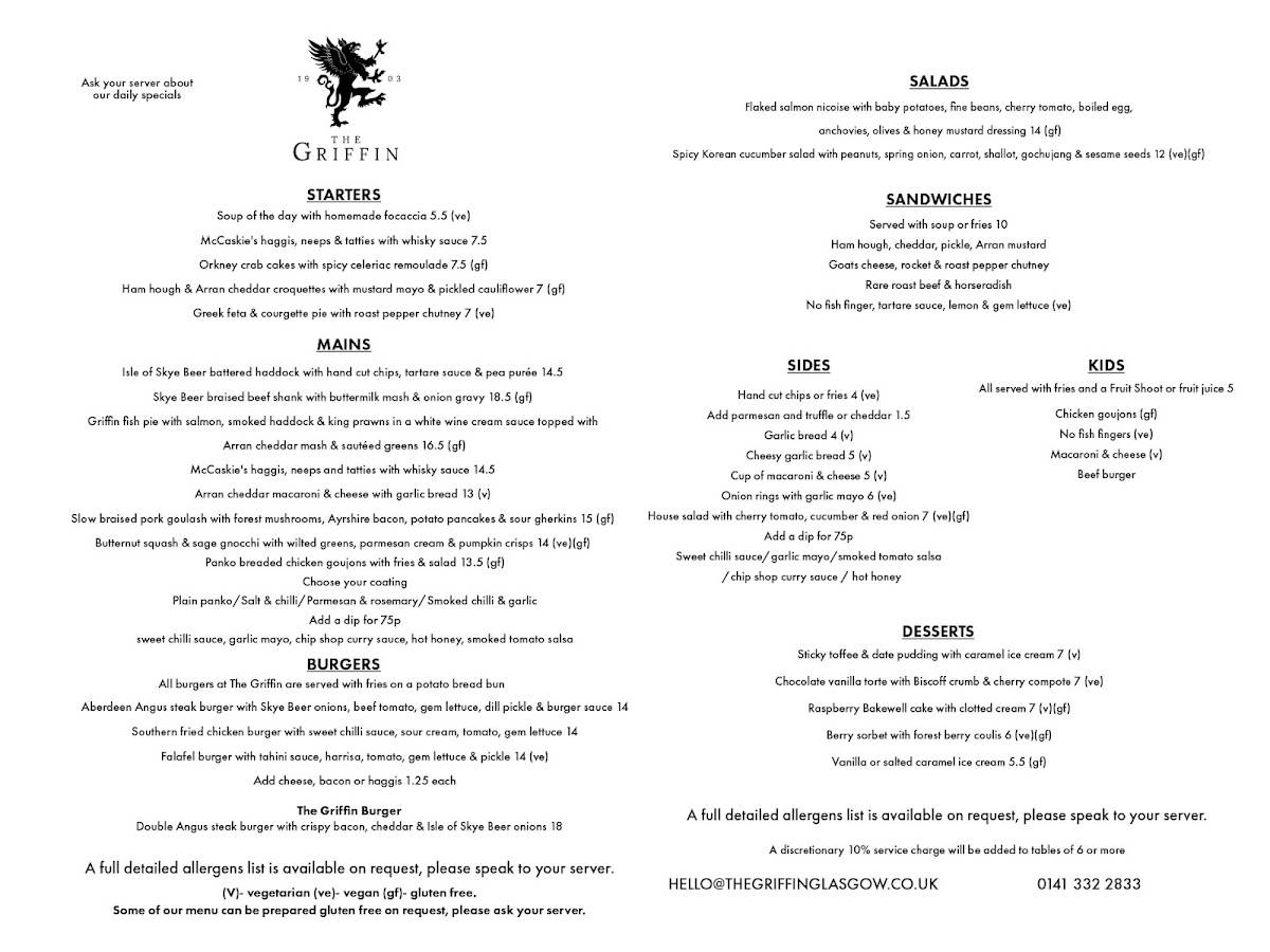 Menu at The Griffin pub & bar, Glasgow