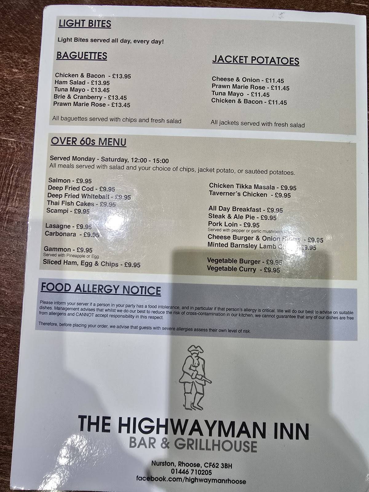 Menu at The Highwayman Inn pub & bar, Rhoose, Port Rd
