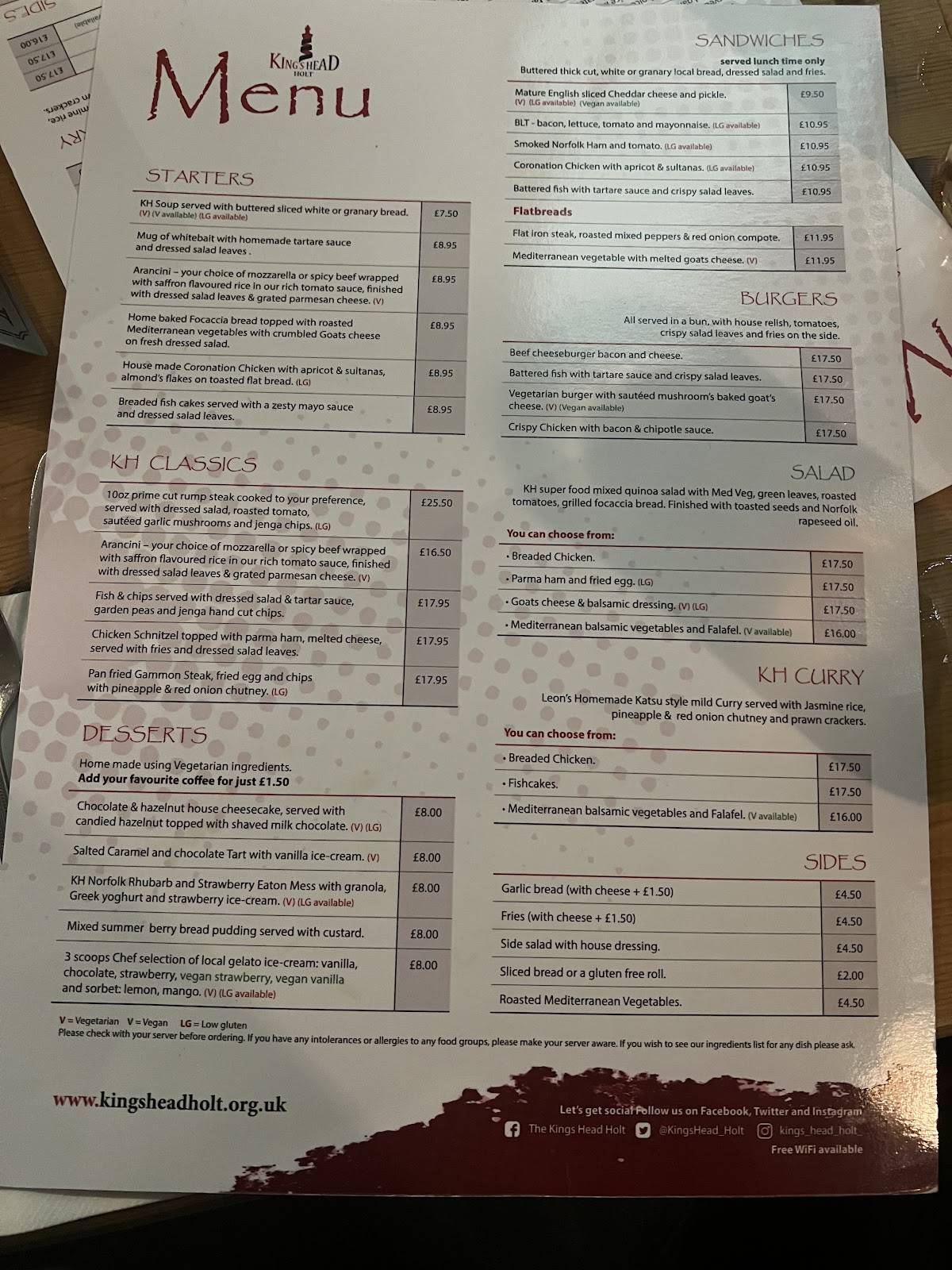 Menu at The Kings Head pub & bar, Holt, 19 High St