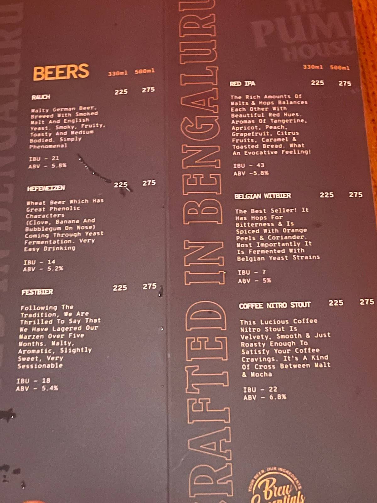 Menu at The Pump House, Bengaluru, 607