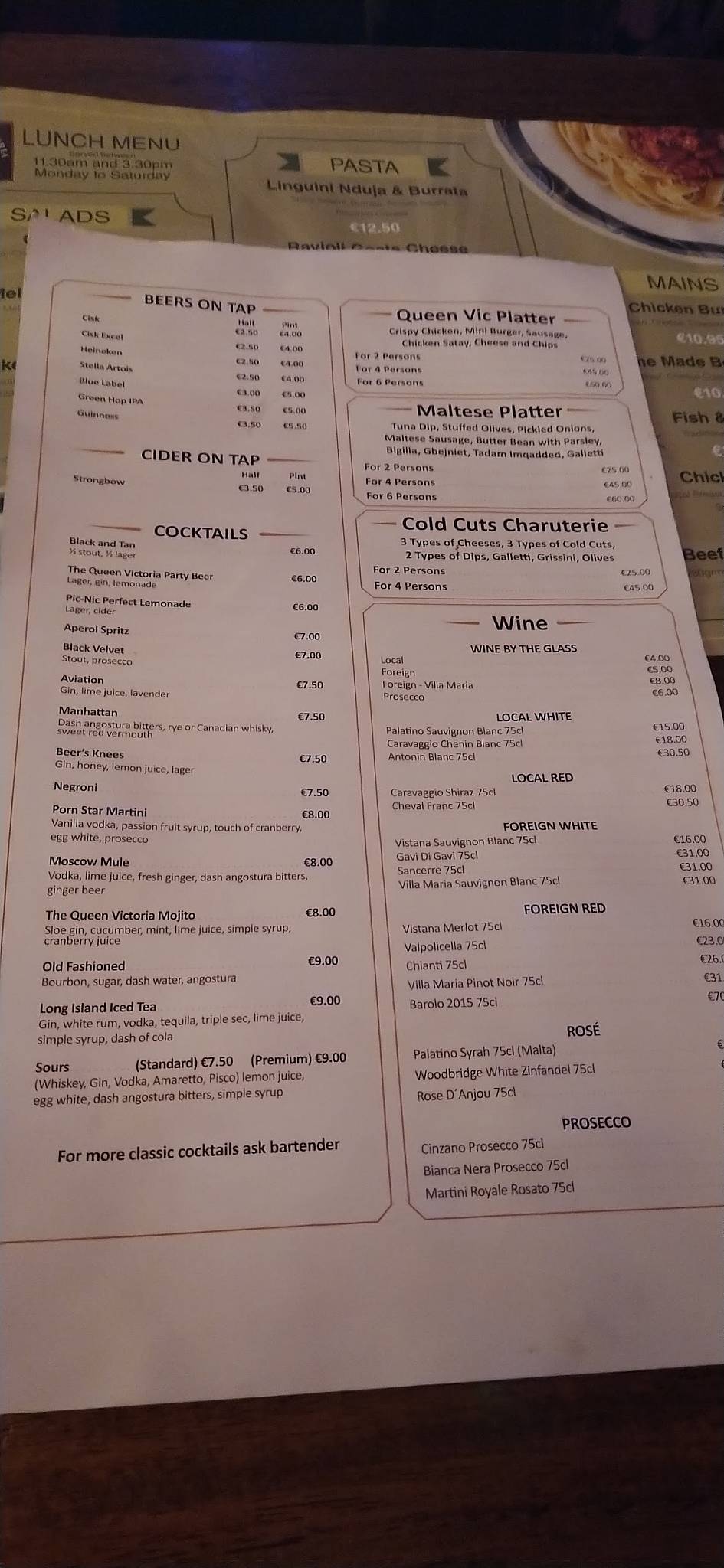 Menu at The Queen Victoria City Pub, Valletta, Valletta