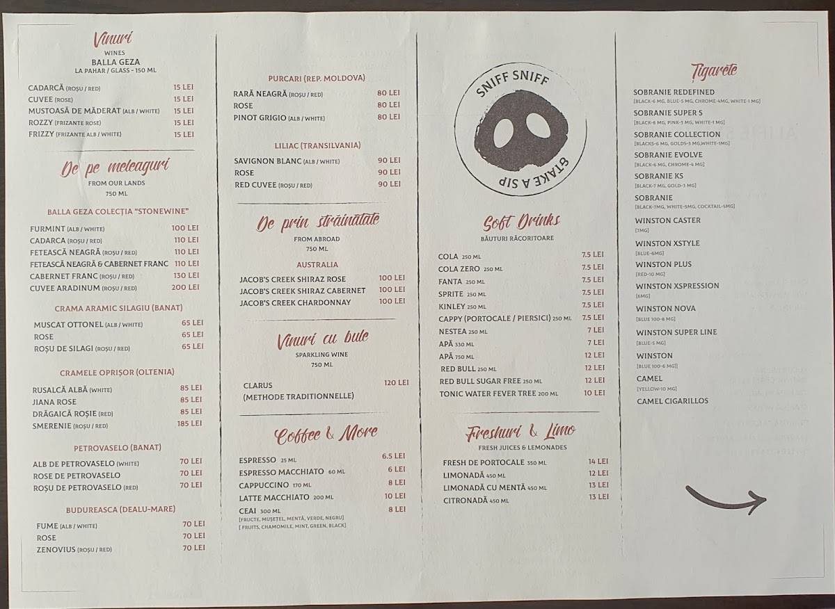 Menu at The Scotland Yard, Timișoara