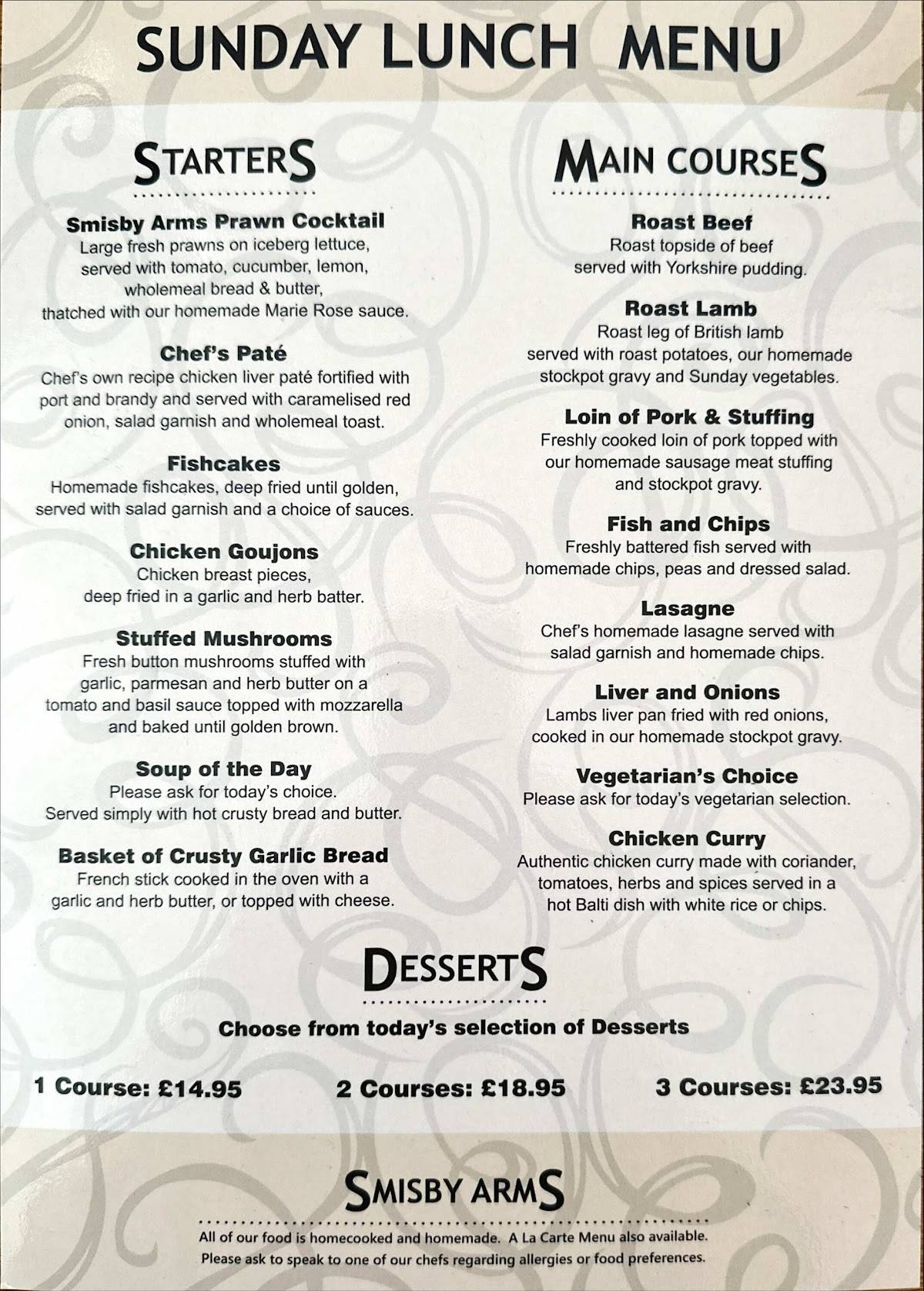 Menu at The Smisby Arms pub & bar, Smisby, Nelsons Square