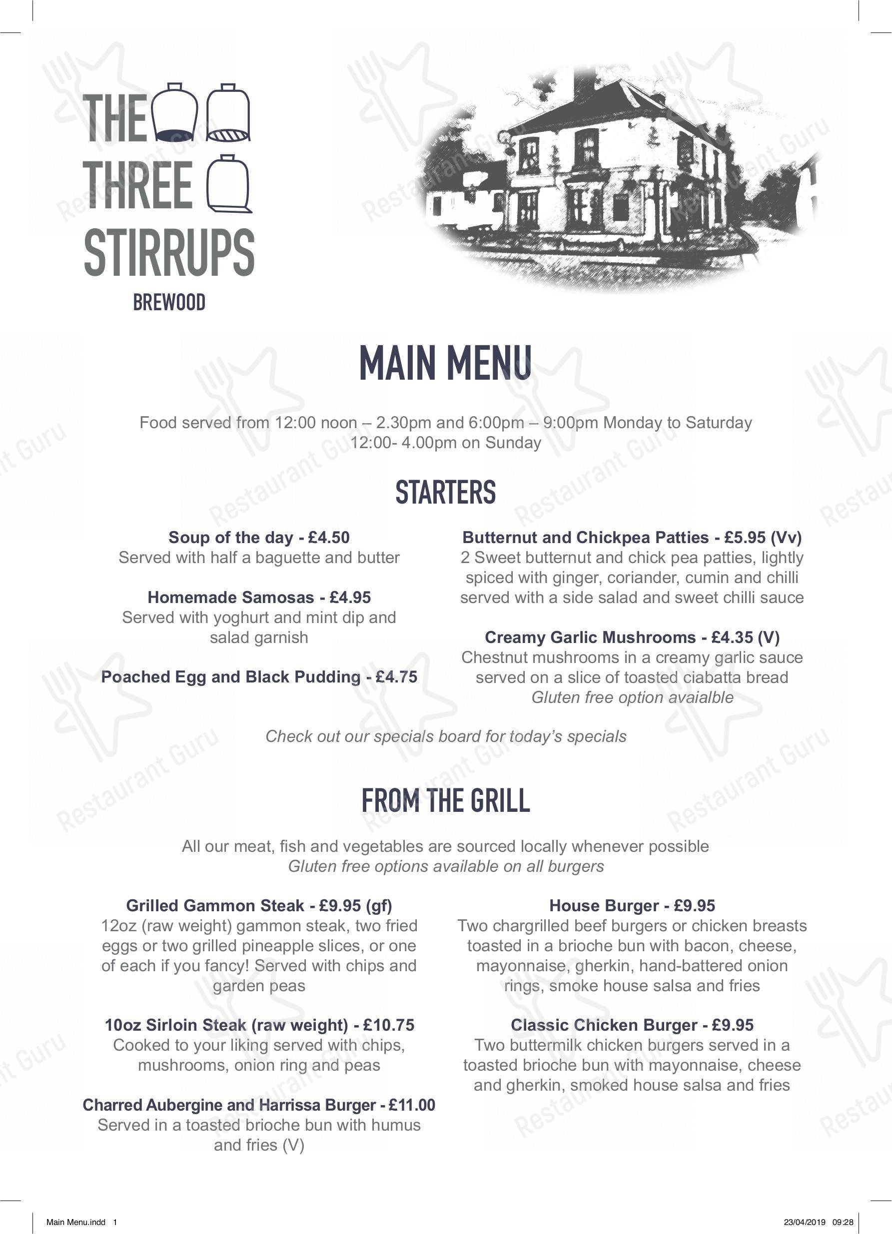 Menu at The Three Stirrups pub & bar, Brewood