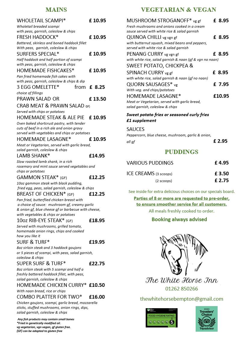 Menu at The White Horse pub & bar, Bempton, 30 High St