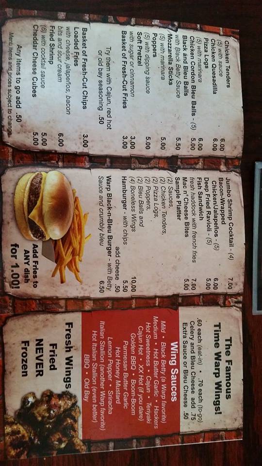 Menu at Time Warp Tavern pub & bar, Watertown
