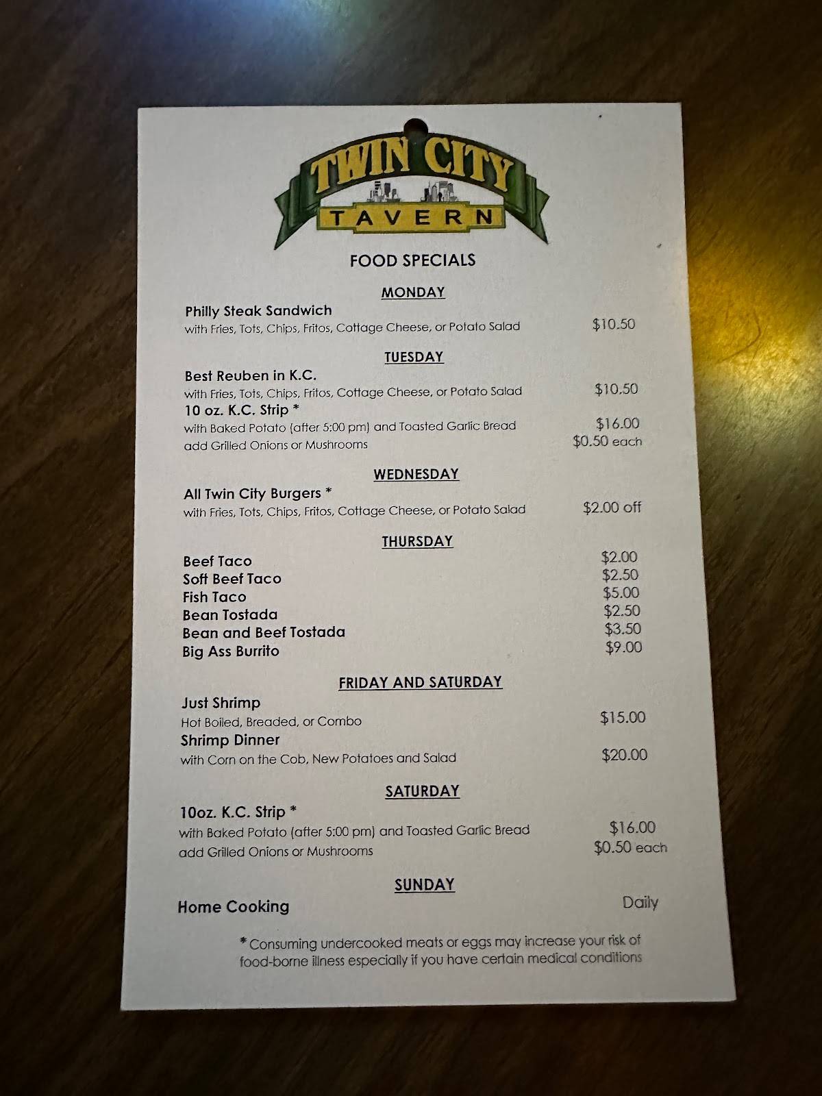 Menu at Twin City Tavern pub & bar, Kansas City