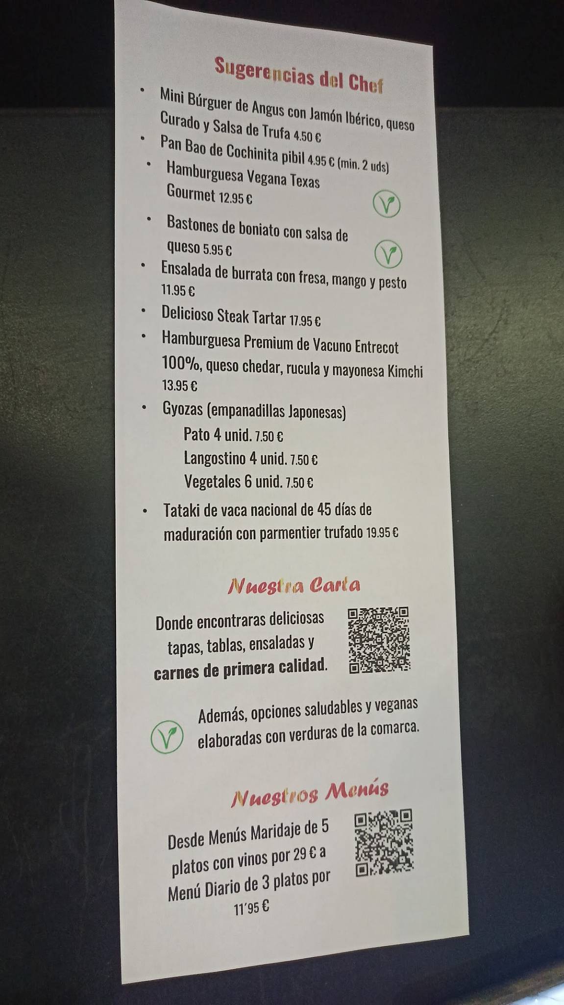 Carta del pub y bar Vinissimo, San Javier
