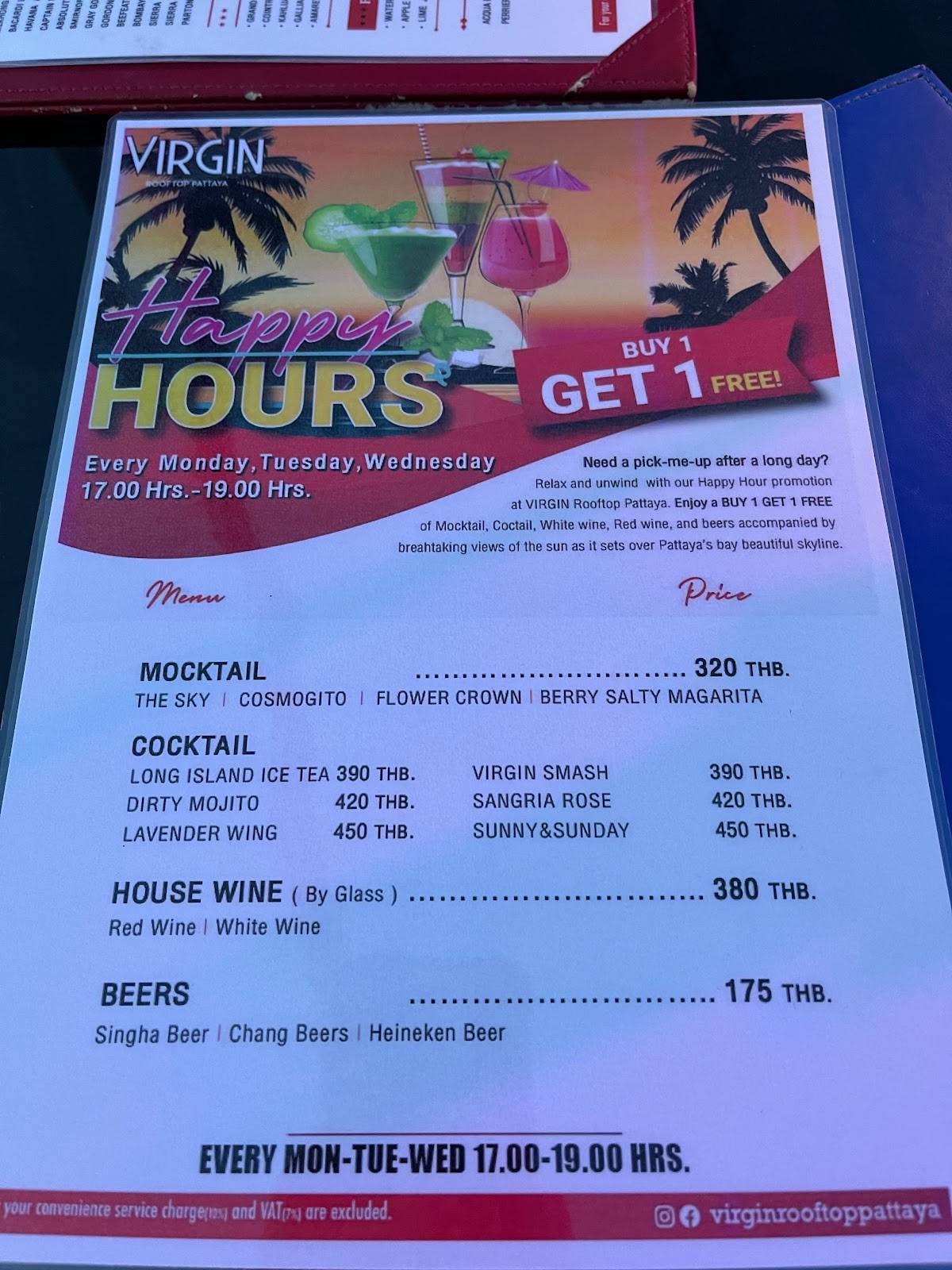 Menu at Virgin Rooftop Pattaya restaurant, Pattaya City