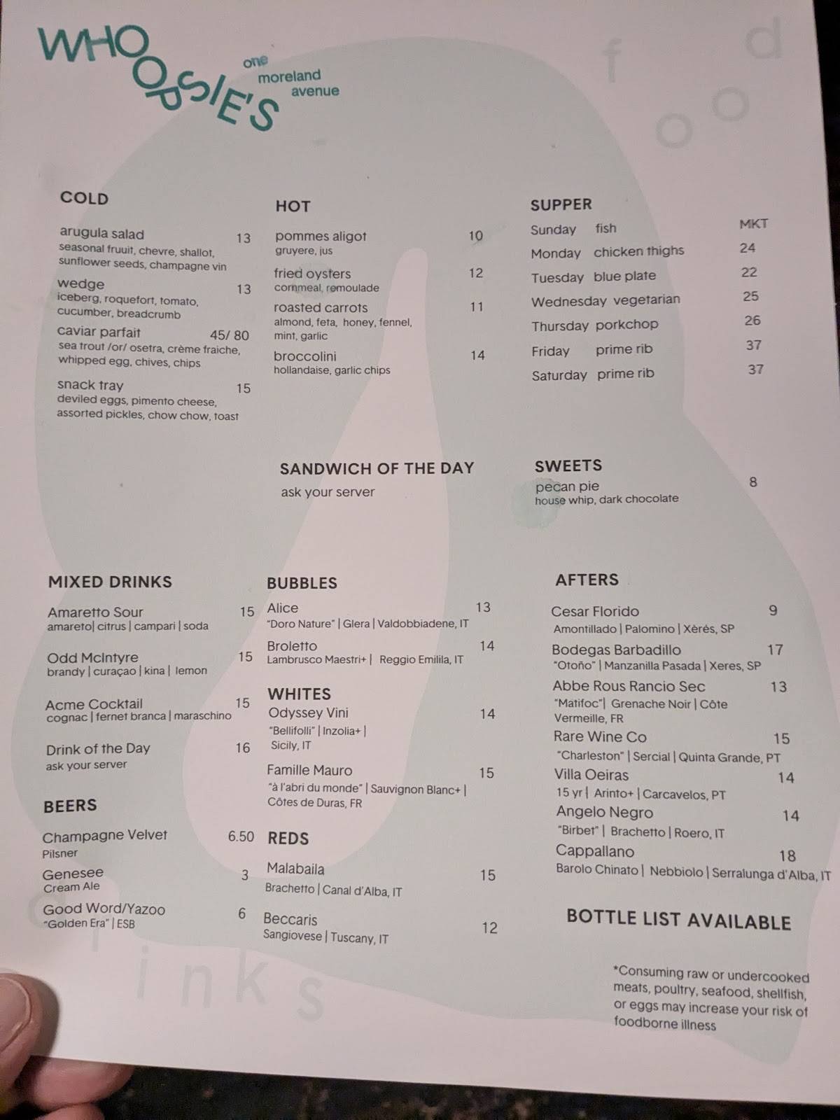 Menu at Whoopsie's pub & bar, Atlanta
