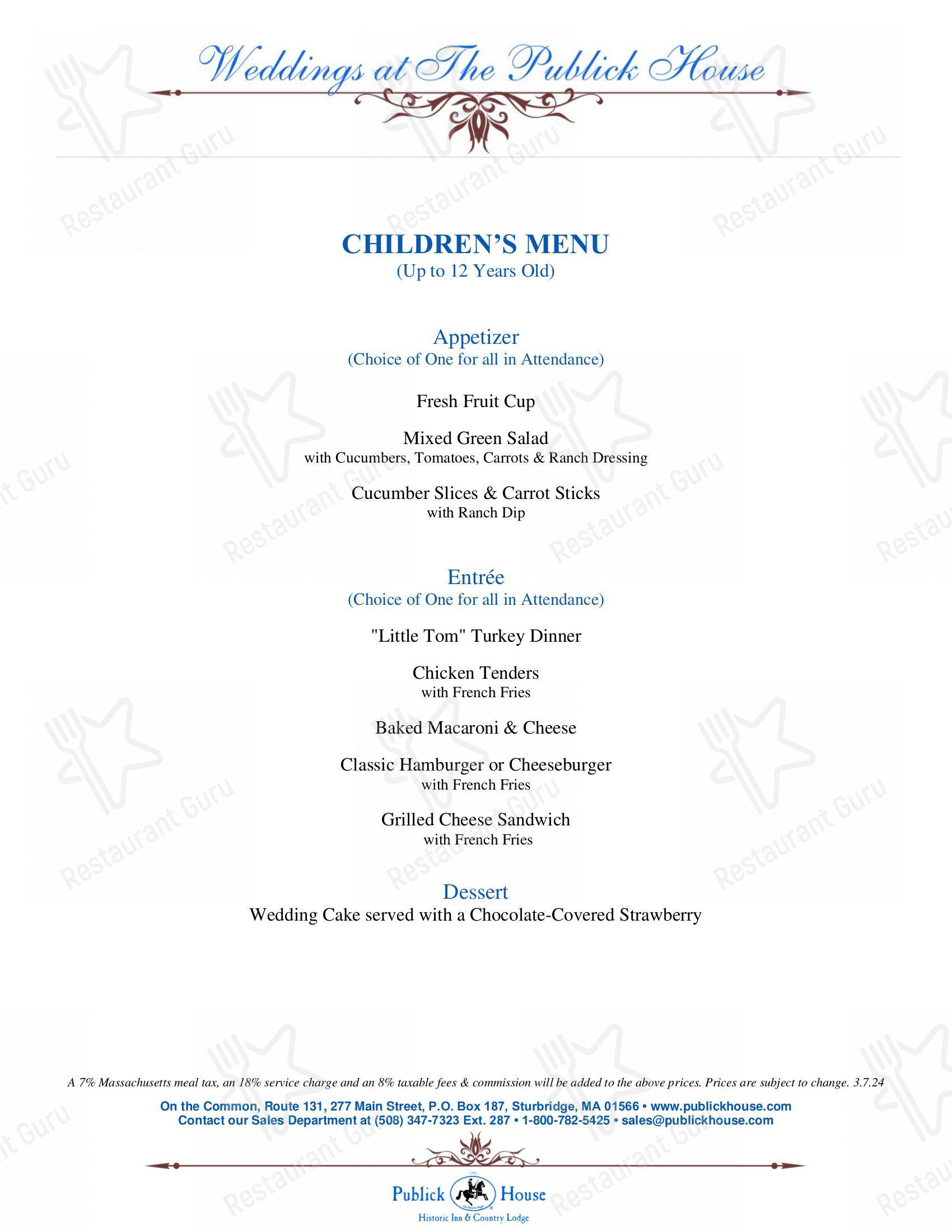 Menu at Publick House Historic Inn, Sturbridge
