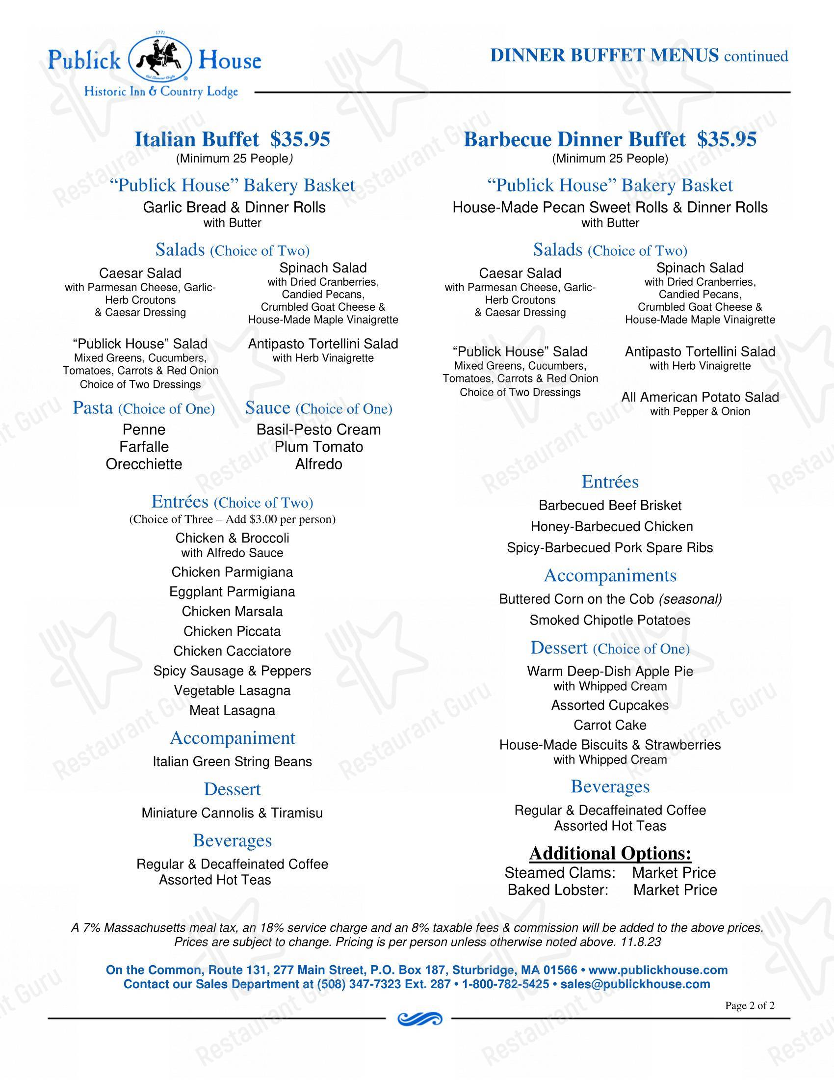 Menu at Publick House Historic Inn, Sturbridge