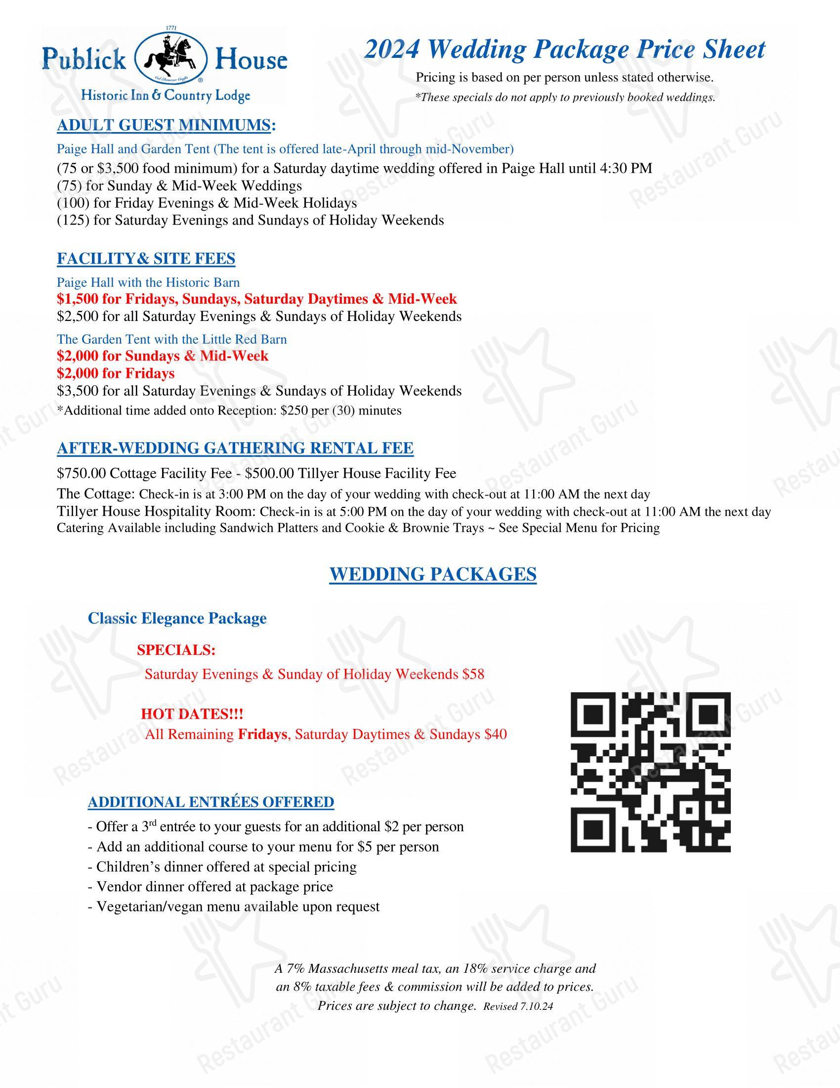 Menu at Publick House Historic Inn, Sturbridge
