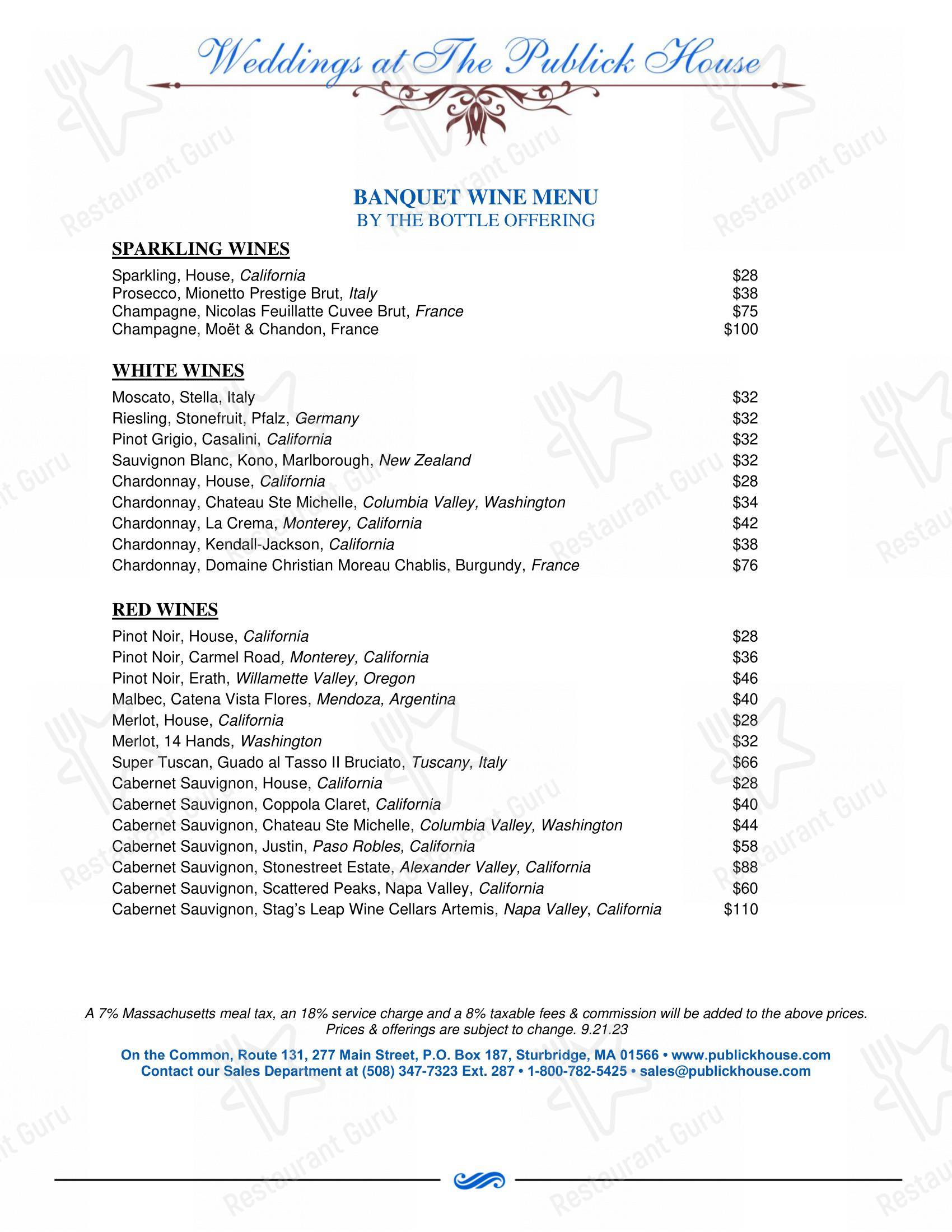 Menu at Publick House Historic Inn, Sturbridge