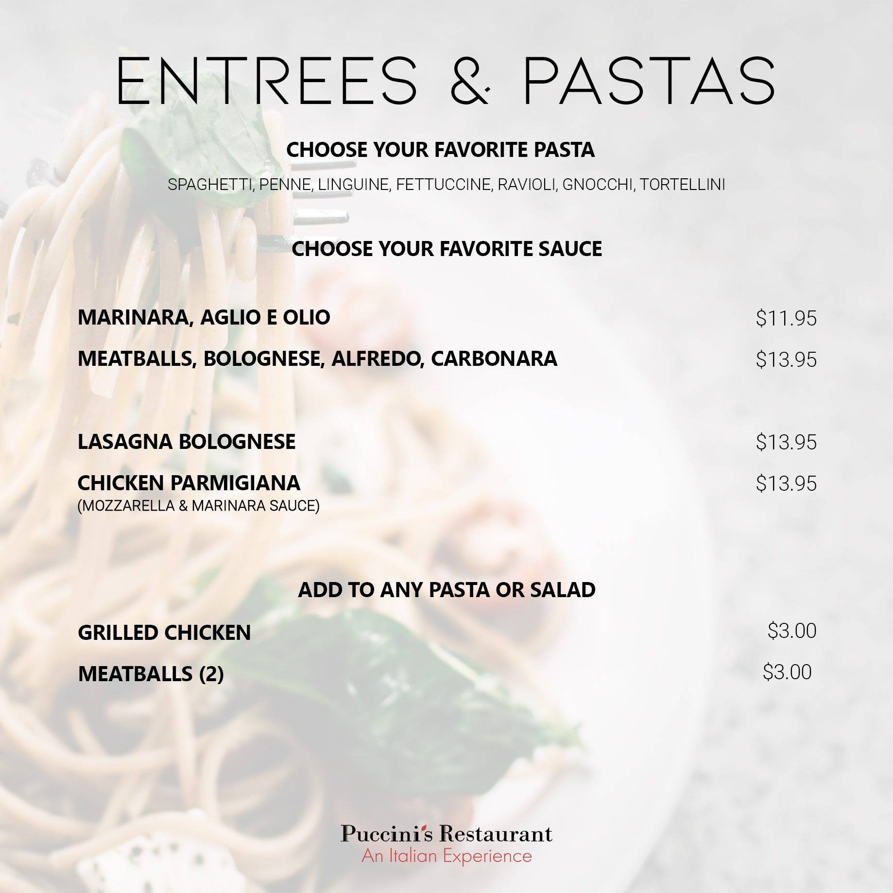Carta de Puccini's Restaurant & Pizza - Plantation, Plantation