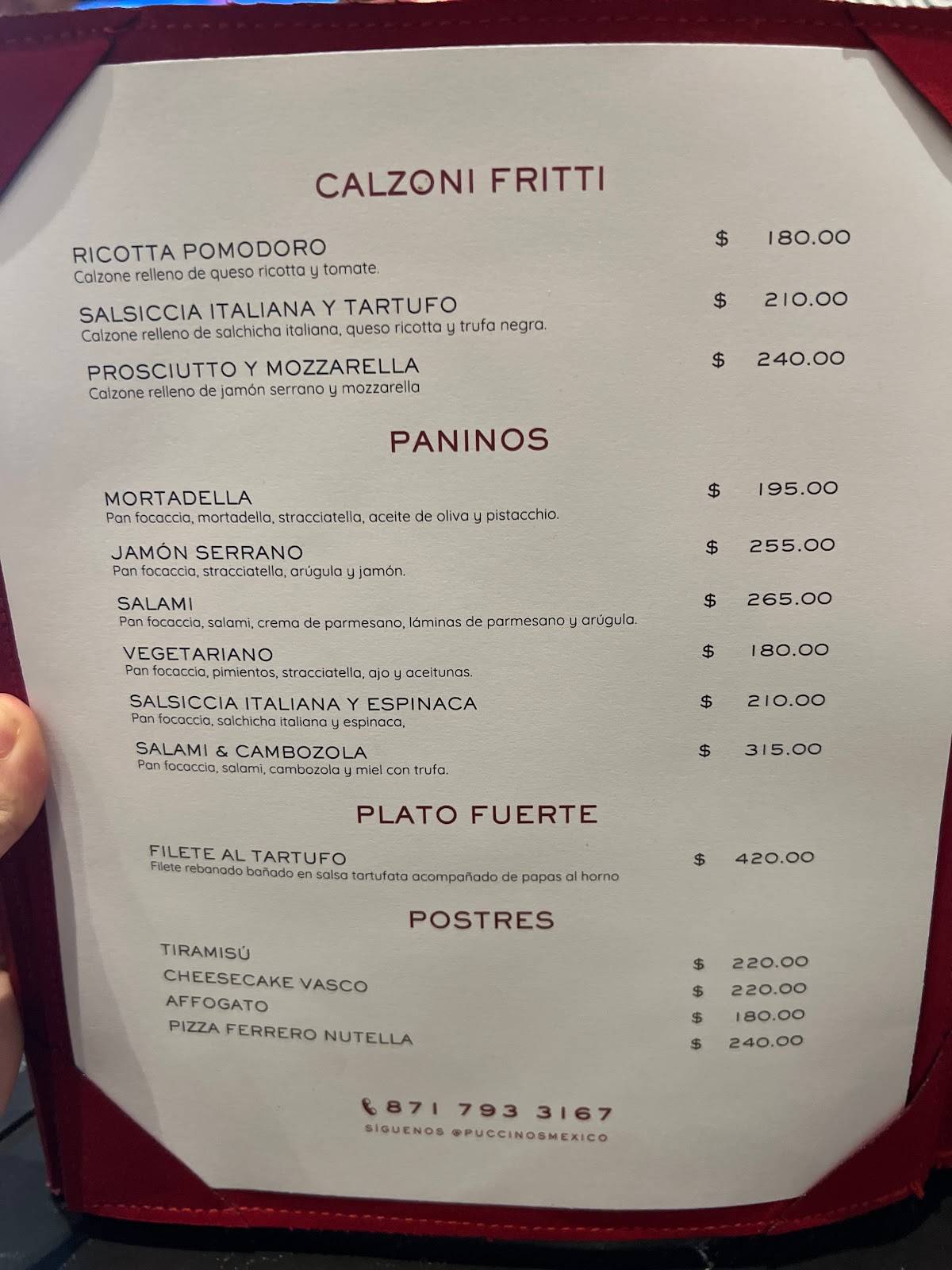 Menu at Puccinos restaurant, Torreón