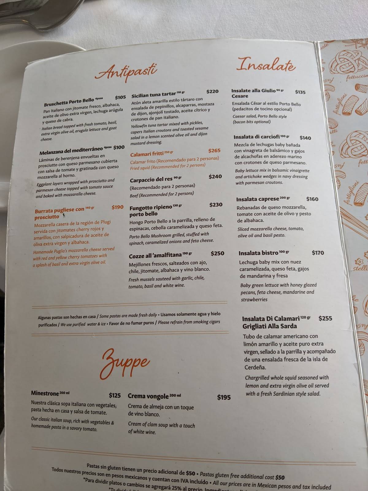 Menu at Porto Bello restaurant, Puerto Vallarta, C. Popa s/n