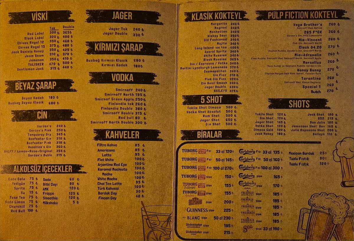 Menu at Pulp Fiction, Ankara