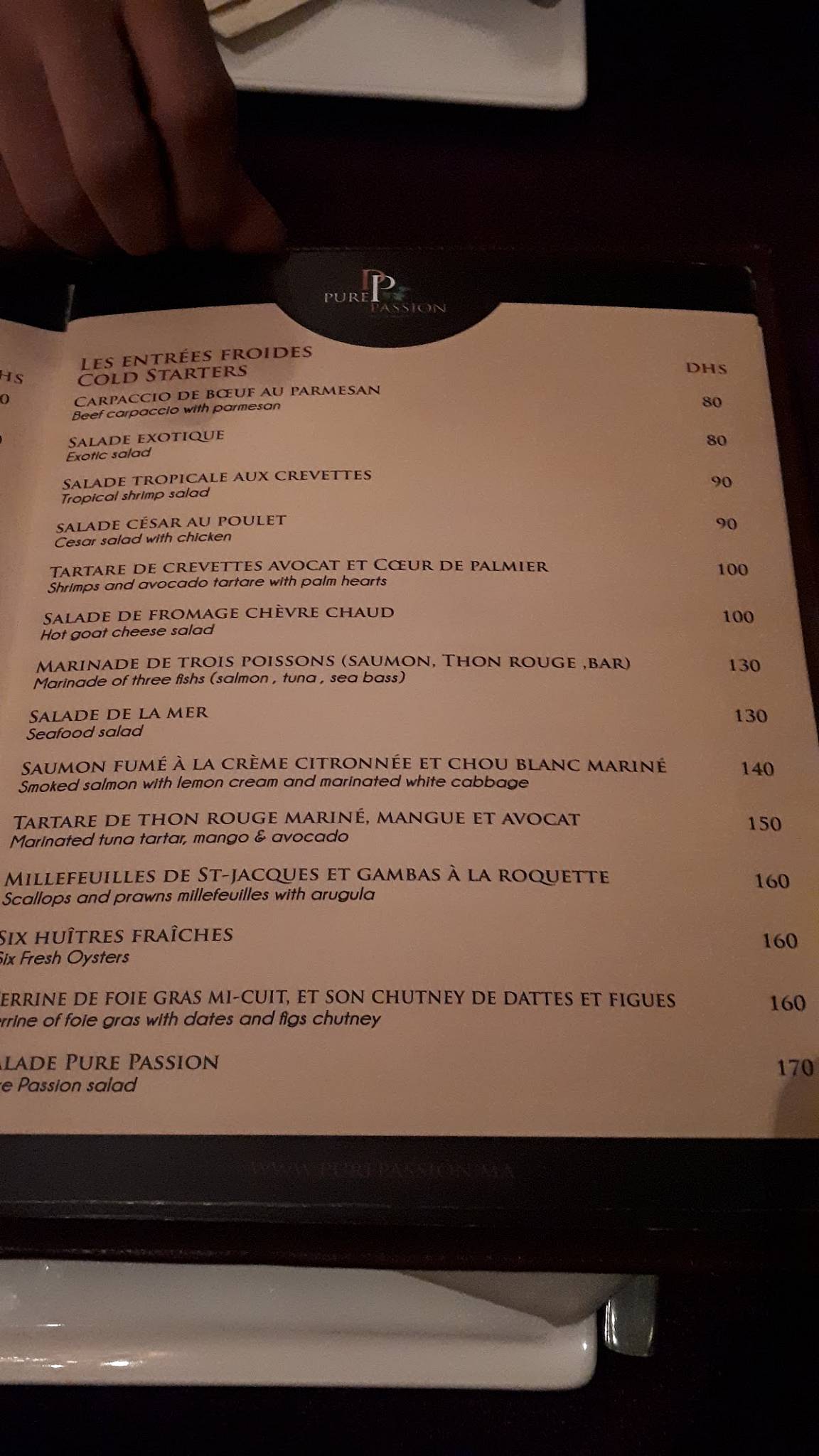 Menu au Pure Passion restaurant, Agadir, Résidence N°02 m1 Complexe Marina