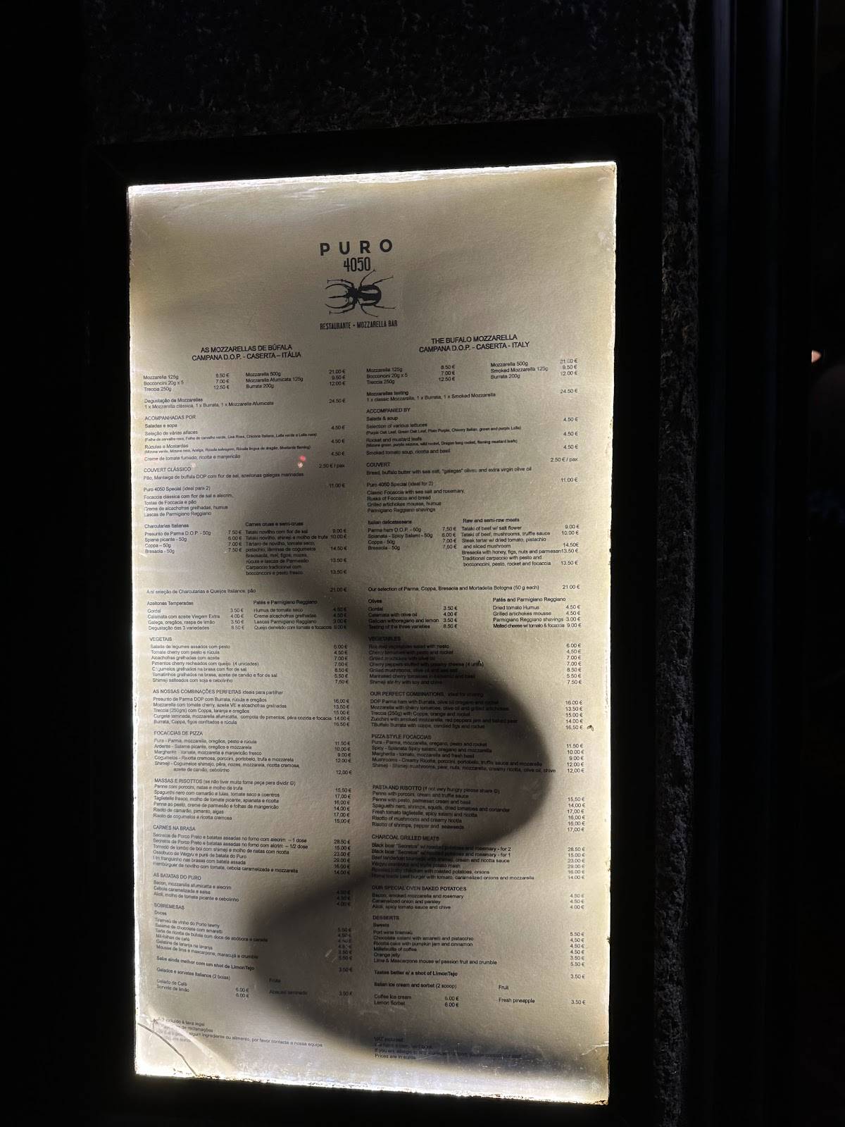 Menu at Puro 4050 restaurant, Porto