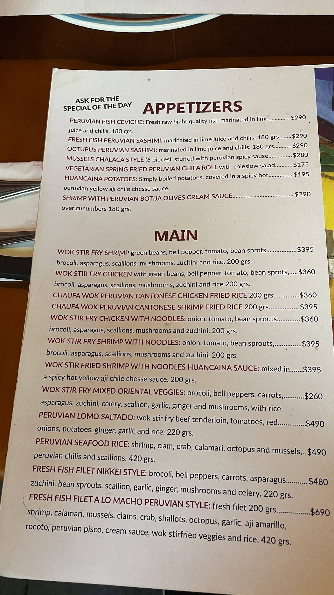 Menu at Puro Perú restaurant, Puerto Vallarta, C. Guadalupe Sánchez 618