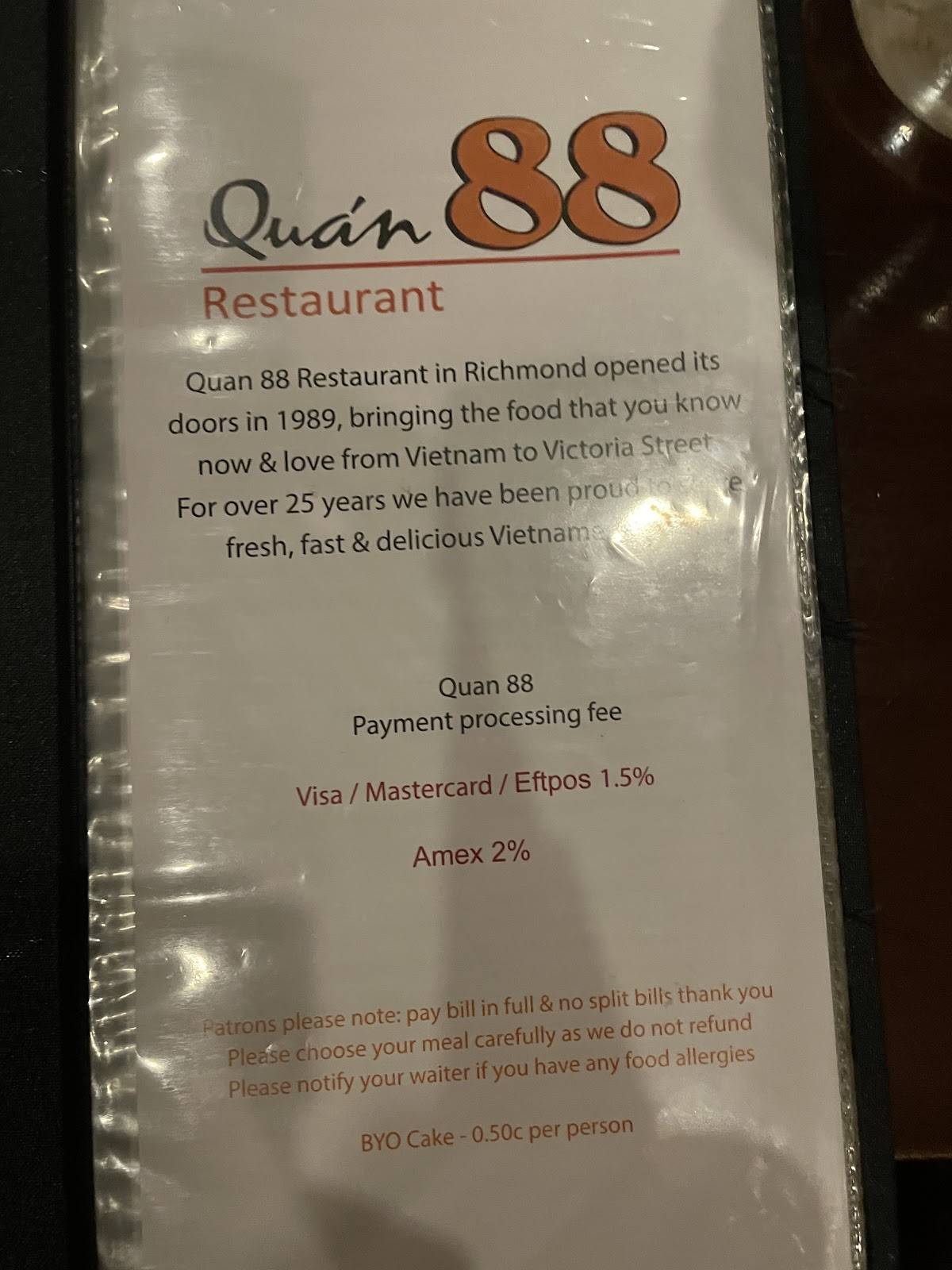 Menu at Quan 88 restaurant, Saint Kilda, 217 Barkly St