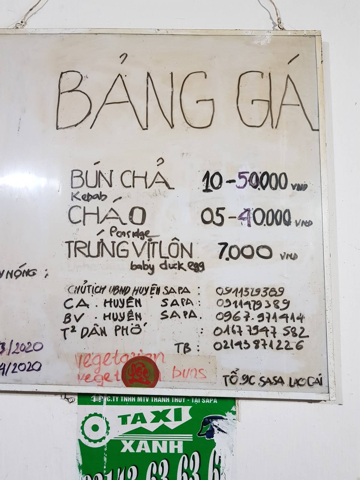 Menu at Quán Bún chả Nga Cảnh restaurant, Lao Cai, Đường Điện Biên Phủ