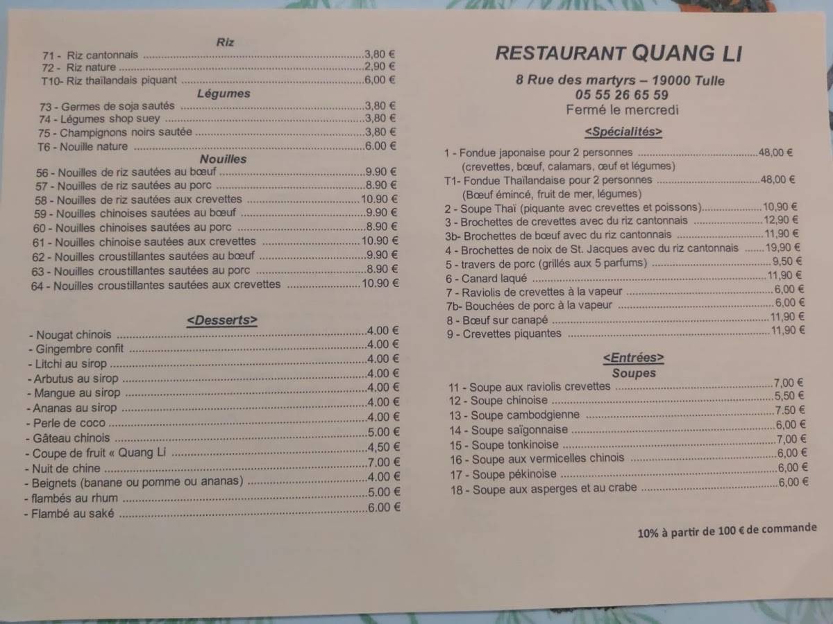 Menu au Quang Li restaurant, Tulle