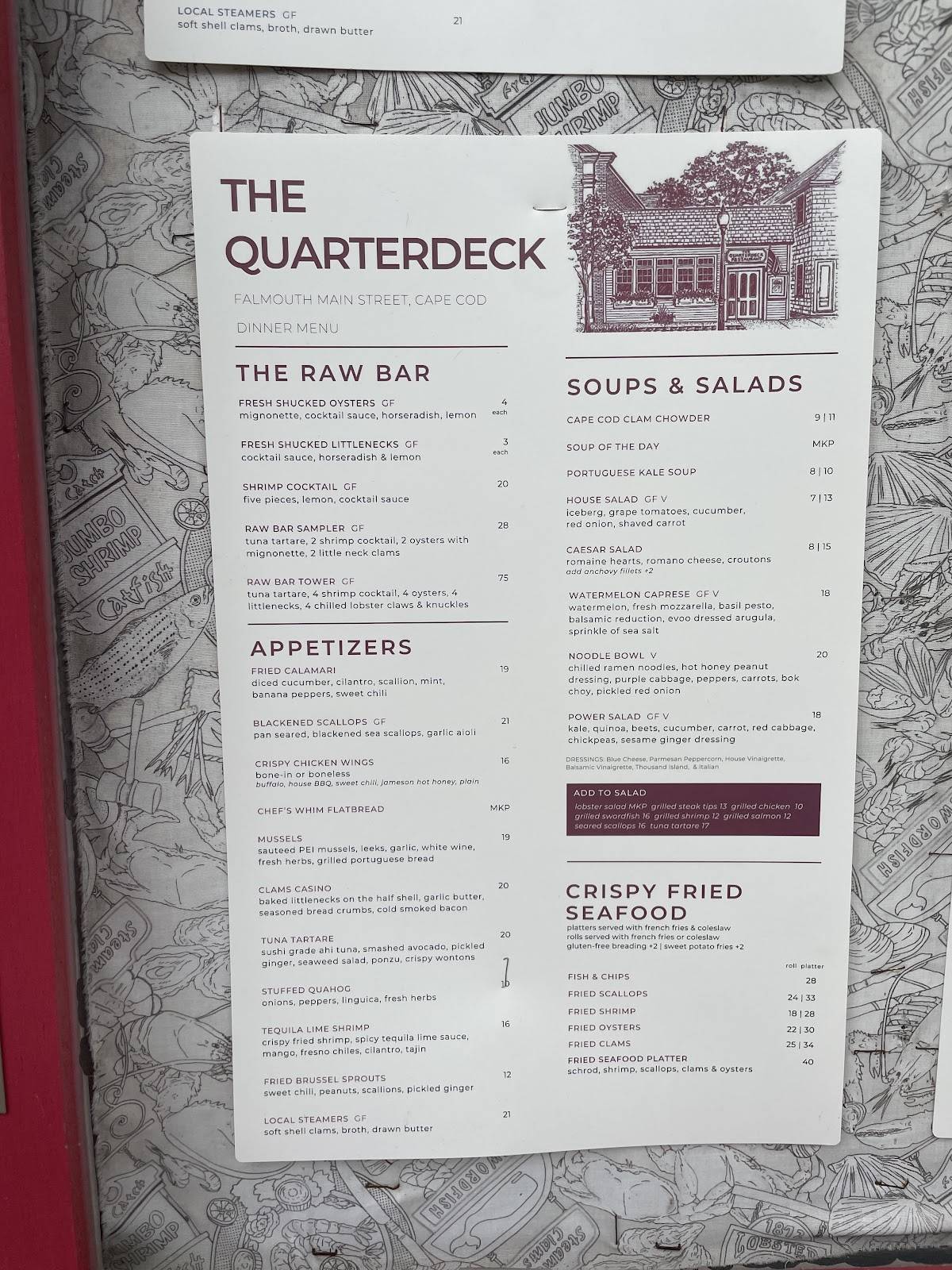 Menu at Quarterdeck restaurant, Falmouth