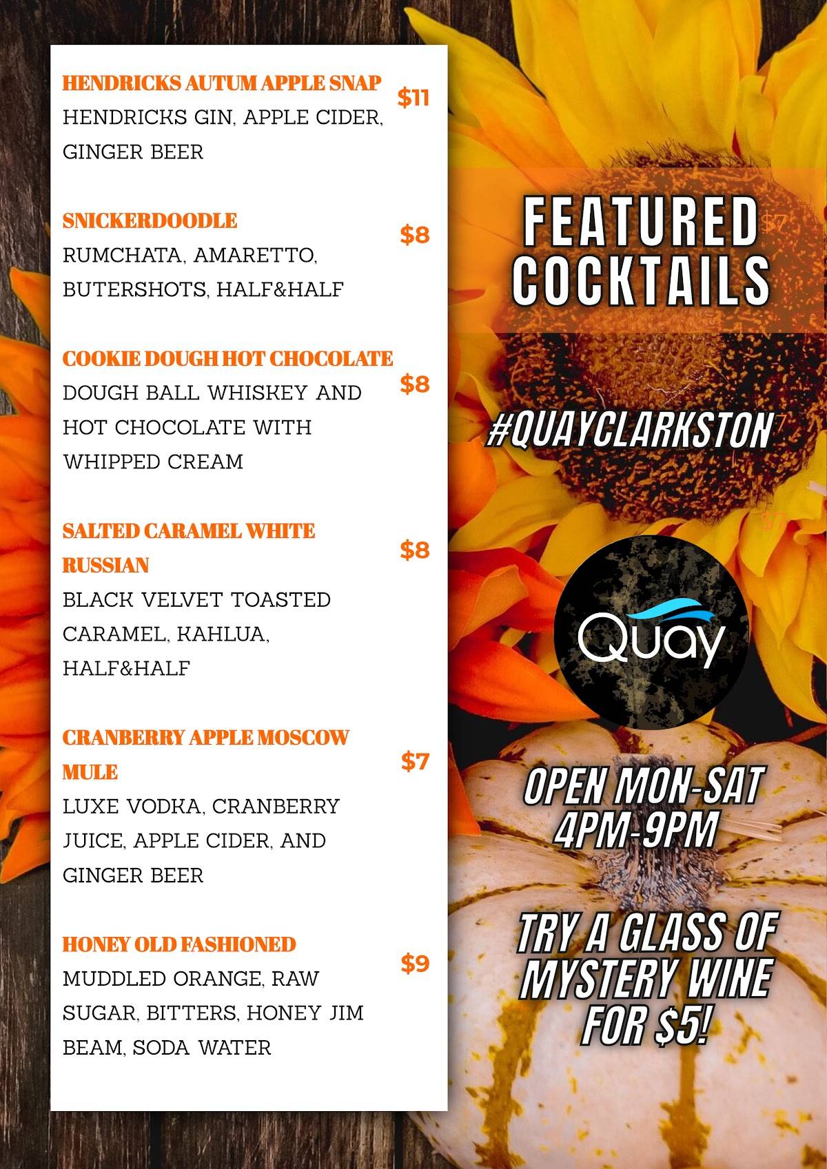 Menu at Quay restaurant, Clarkston