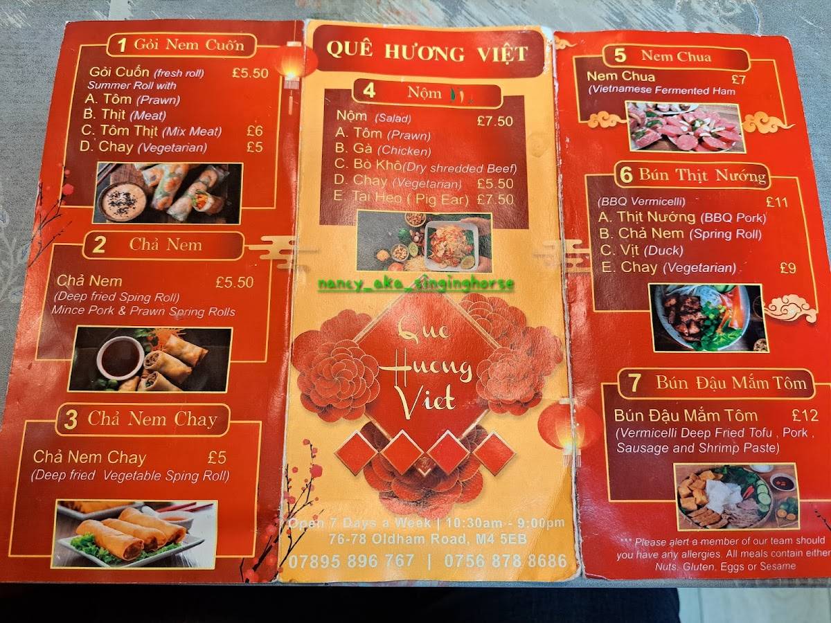Menu at Que Huong Viet :Vietnamese fine food restaurant, Manchester