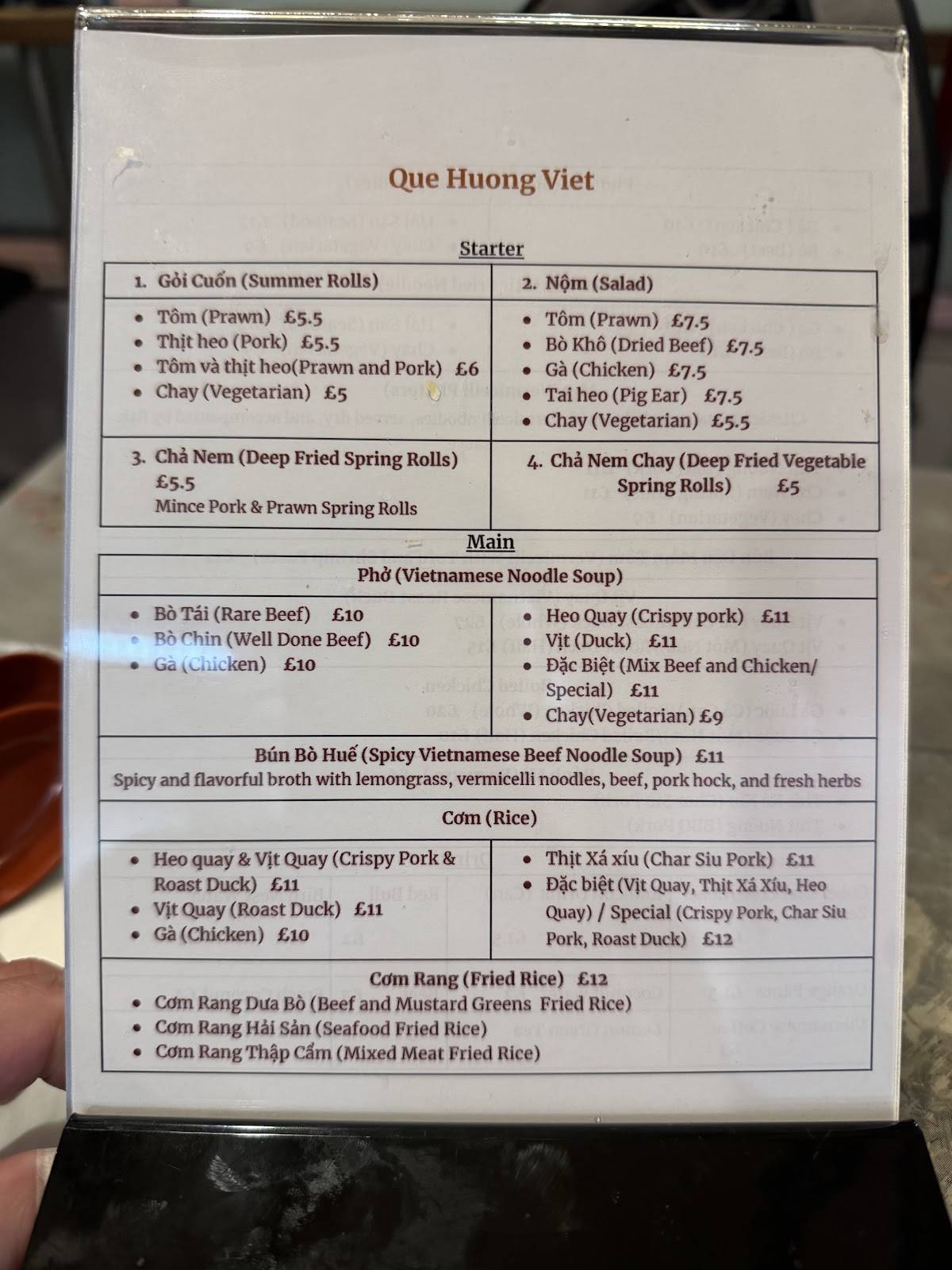 Menu at Que Huong Viet :Vietnamese fine food restaurant, Manchester