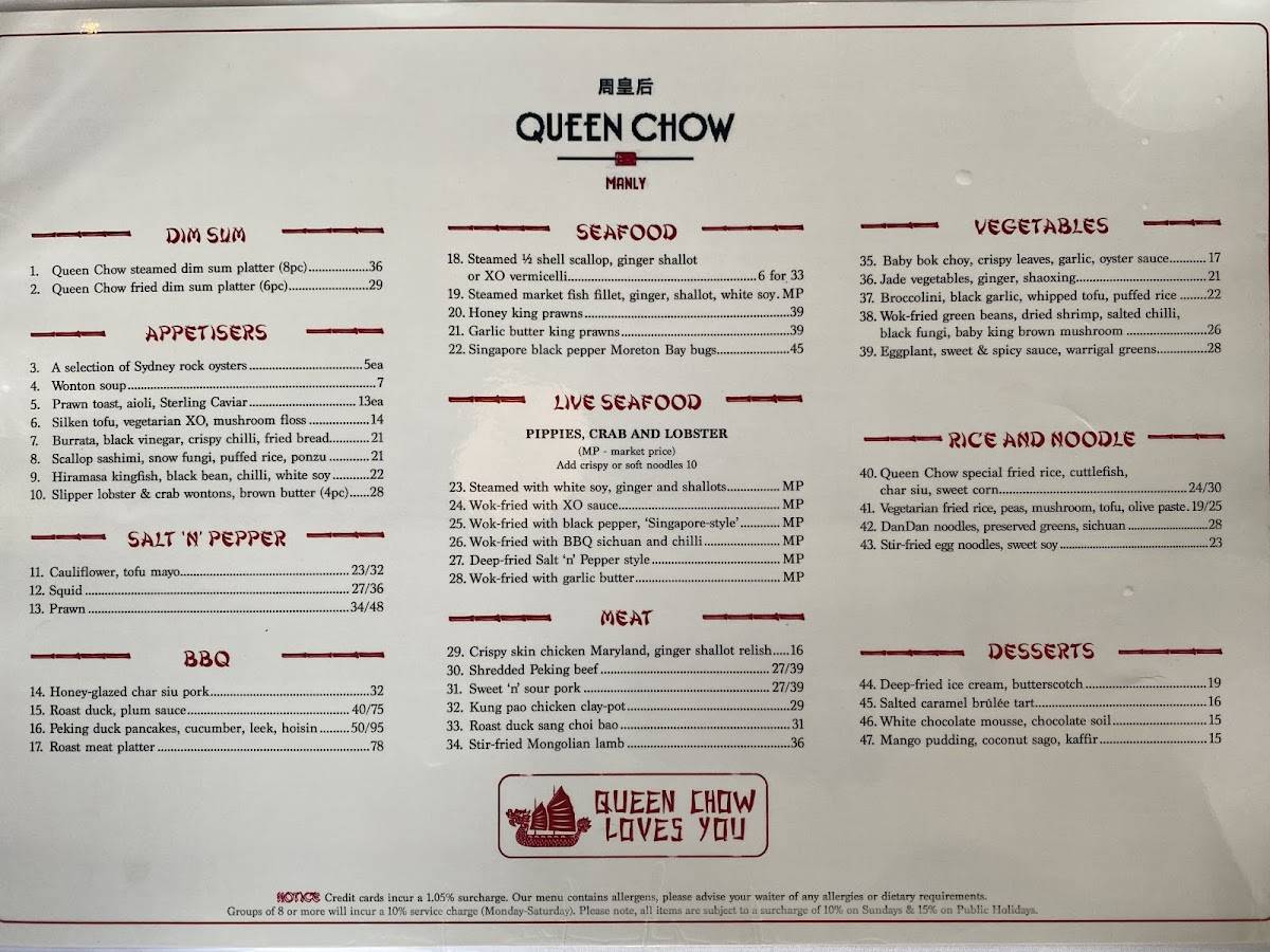 Menu at Queen Chow Manly restaurant, Manly