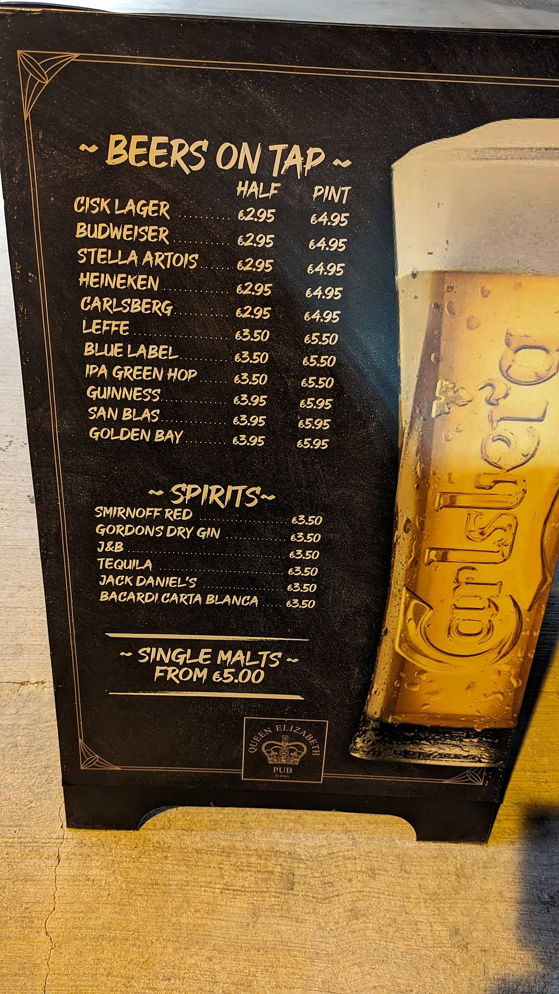 Menu at Queen Elizabeth II Pub, Sliema