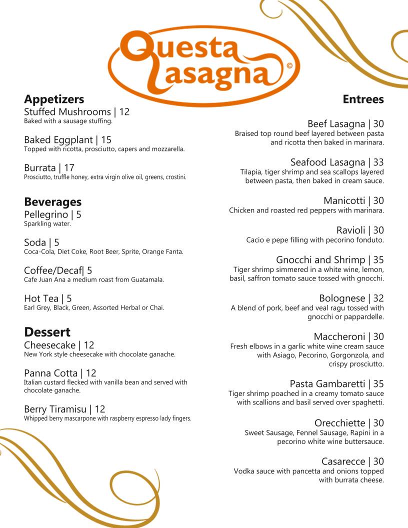 Menu at Questa Lasagna restaurant, Mount Morris