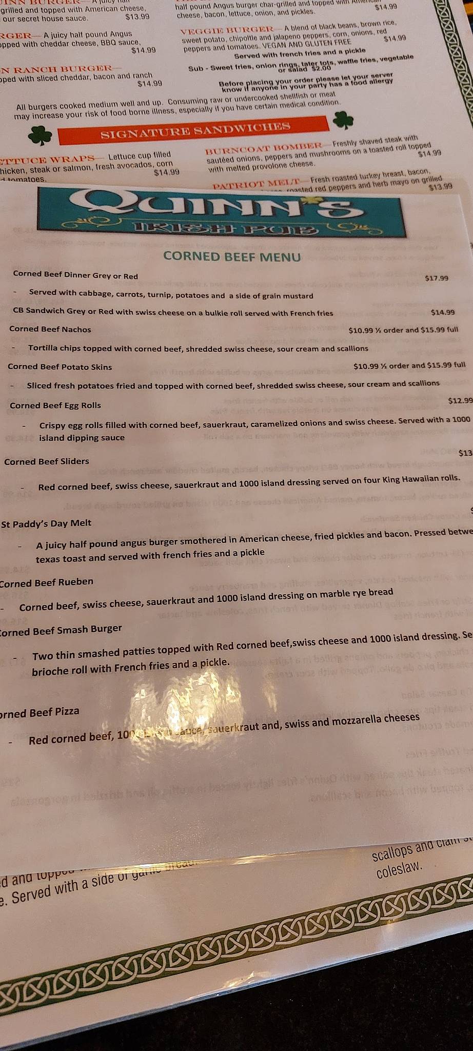 Menu at Quinn’s Irish Pub, Worcester, 715 W Boylston St