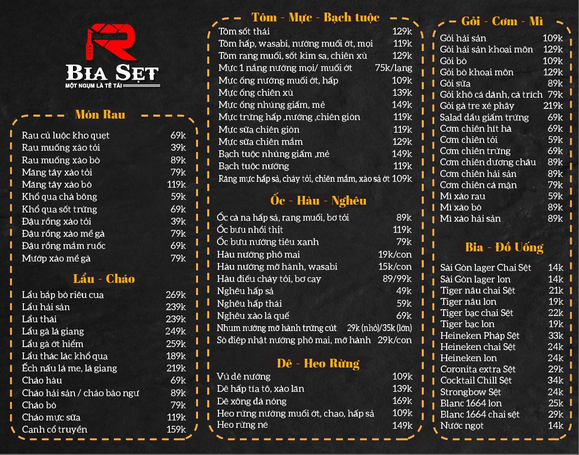 Menu at R Bia Sệt restaurant, Phan Thiet