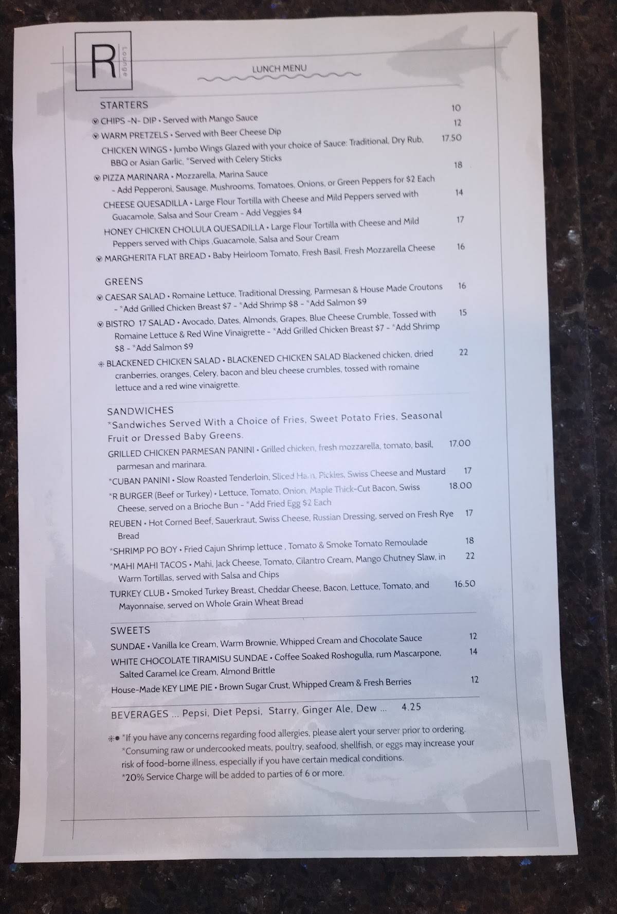 Menu at R Lounge pub & bar, Fort Lauderdale